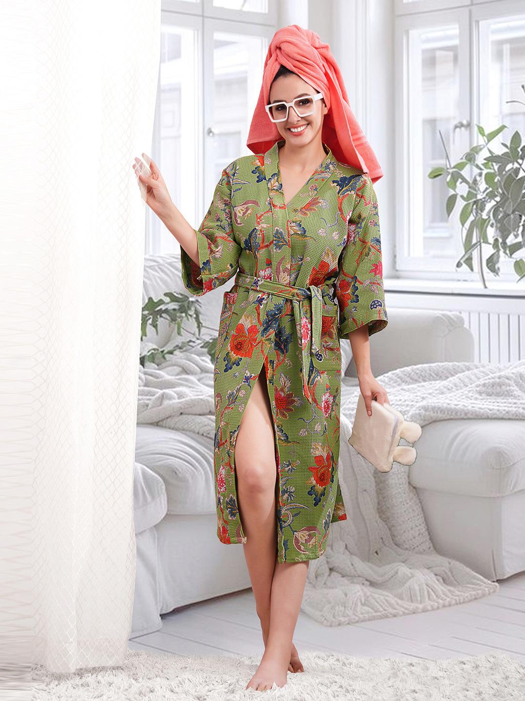 Buy LacyLook Waffle Green Floral Cotton Drawstring Knee Length Bath ...