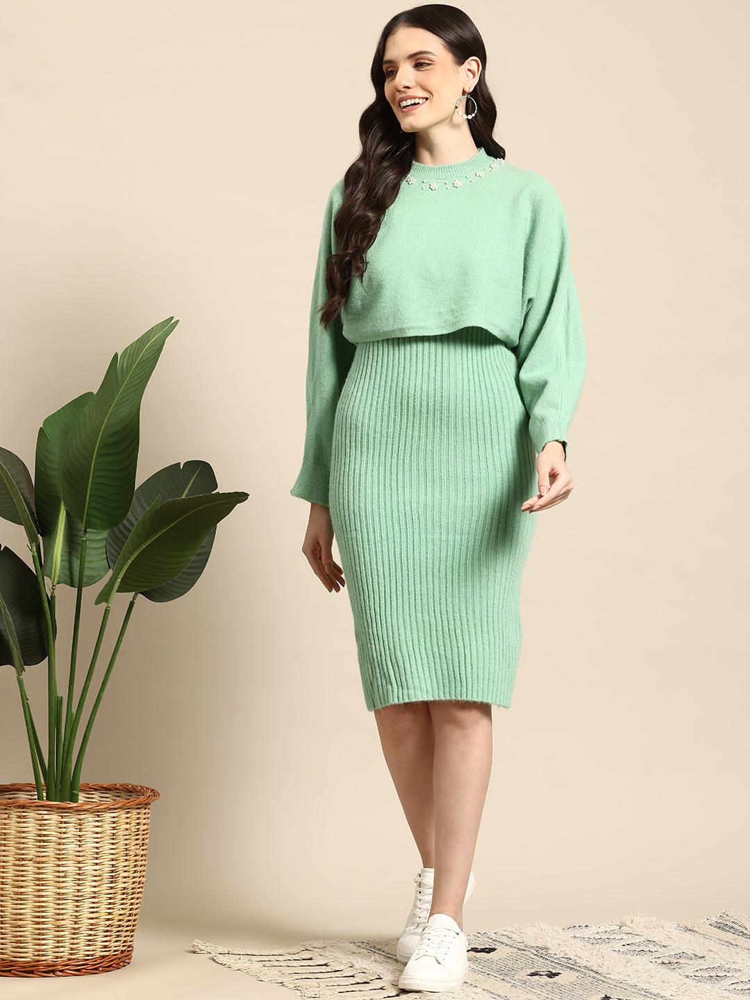 Buy Mast & Harbour Knitted Pure Wool Crop Sweater & Bodycon Dress Co ...