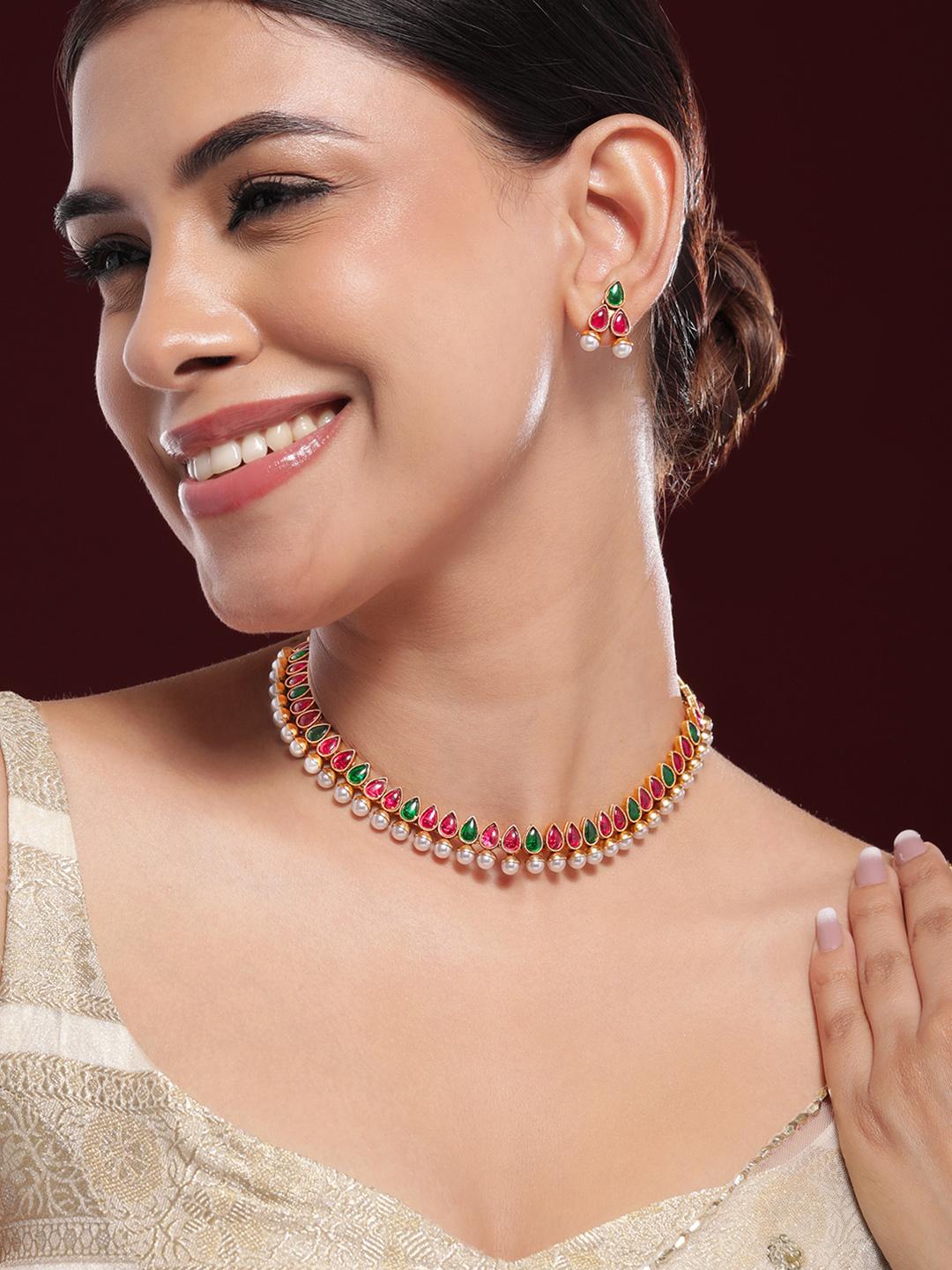 Buy Rubans 22K Gold Plated Red & Green Stone And Pearl Beaded ...