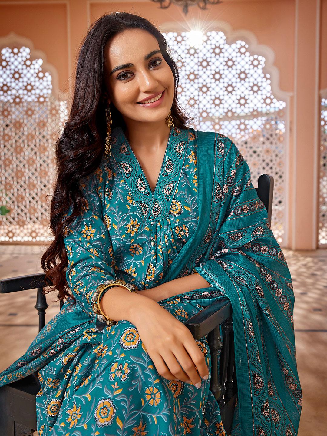 Buy Royal Export Floral Printed Anarkali Kurta With Trousers & Dupatta ...