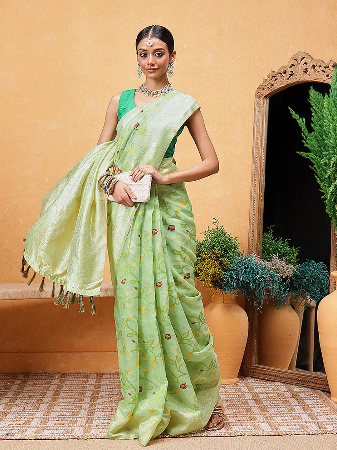 Buy Silk Land Floral Embroidered Cotton Ready To Wear Jamdani Saree ...