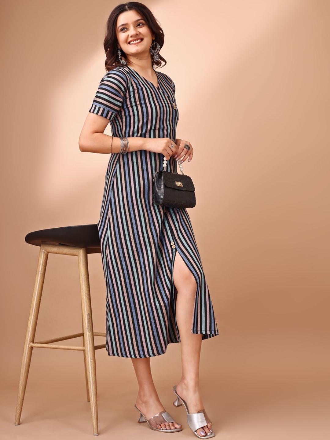 Buy Sangria Women Cotton Striped Front Slit A Line Dress - Ethnic ...