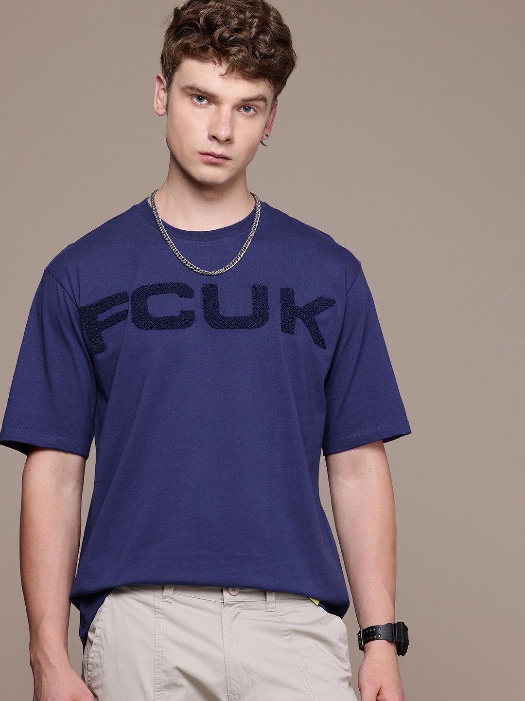 Buy FCUK Brand Logo Embroidered Drop Shoulder Sleeves Pure Cotton T ...