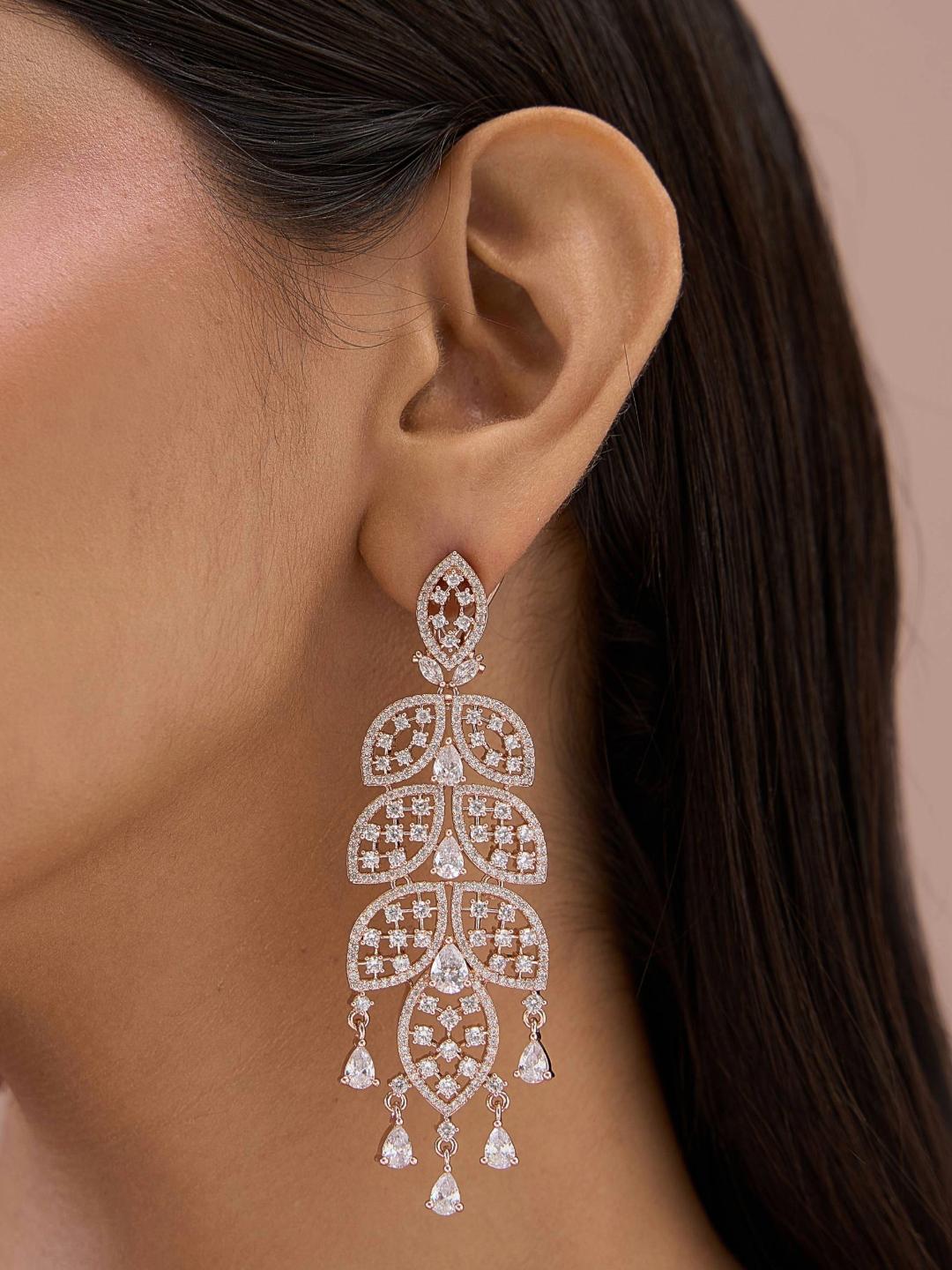 Buy Fida 14k Rose Gold Plated AAA American Diamond Leaf Drop Earrings ...