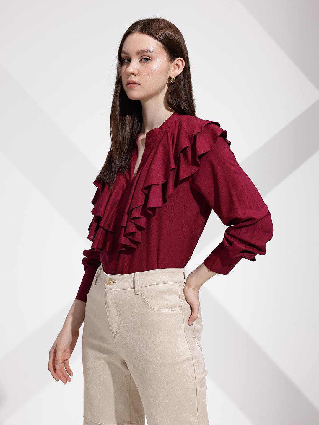 Buy Her By Invictus Mandarin Collar Ruffles Shirt Style Top - Tops for ...