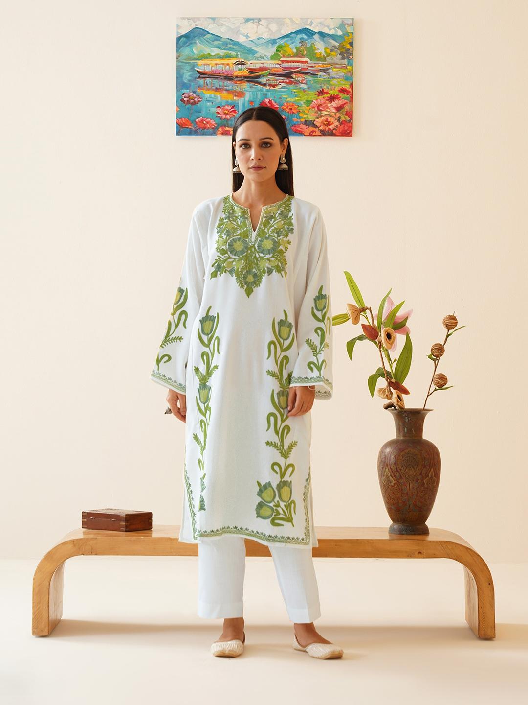 Buy Kashmir Box Tulip Aari Embroidered Cashmilon Winter Kashmiri Phiran ...