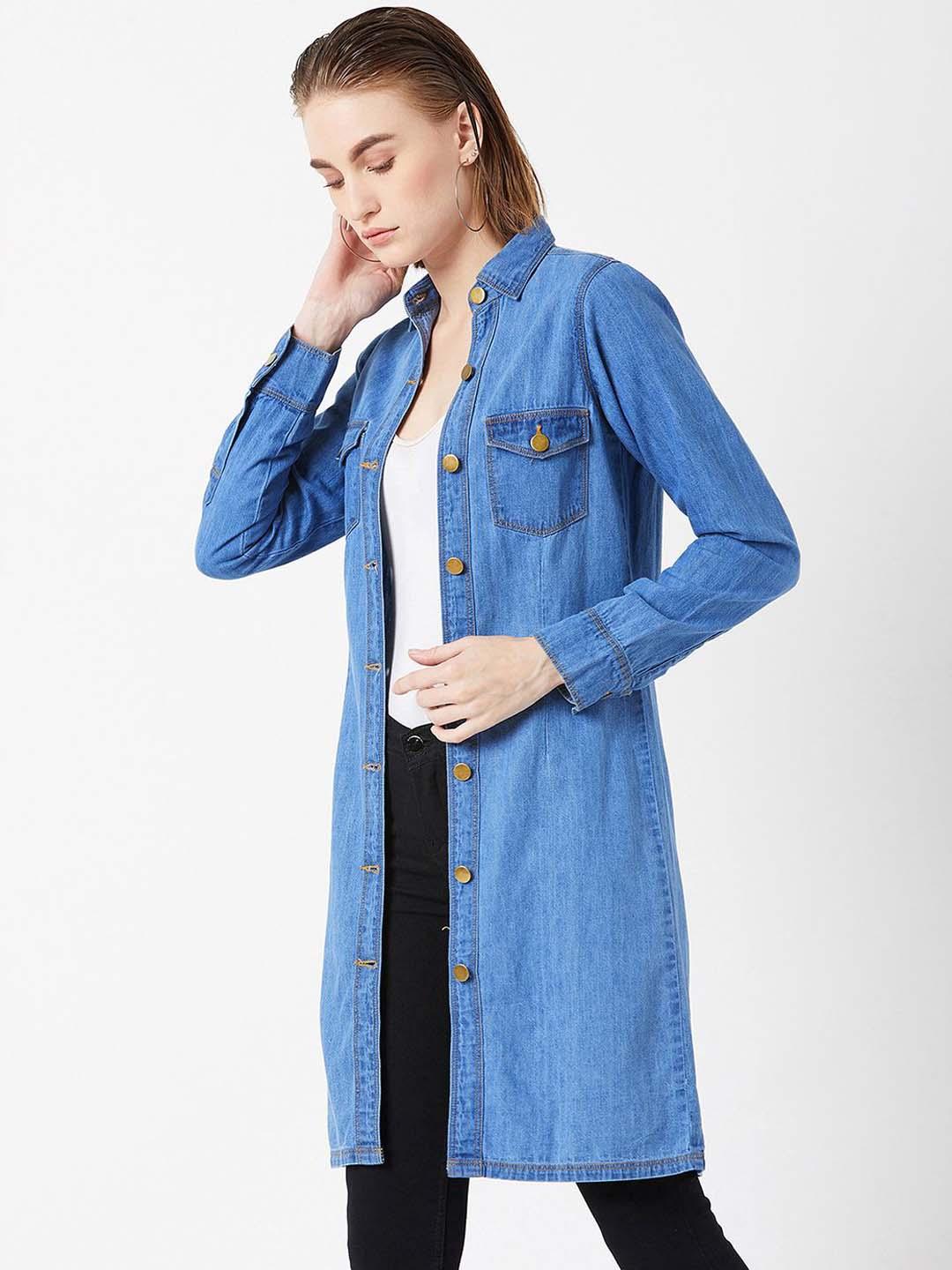 Buy Miss Chase Women Light Weight Denim Longline Jacket With Patchwork ...