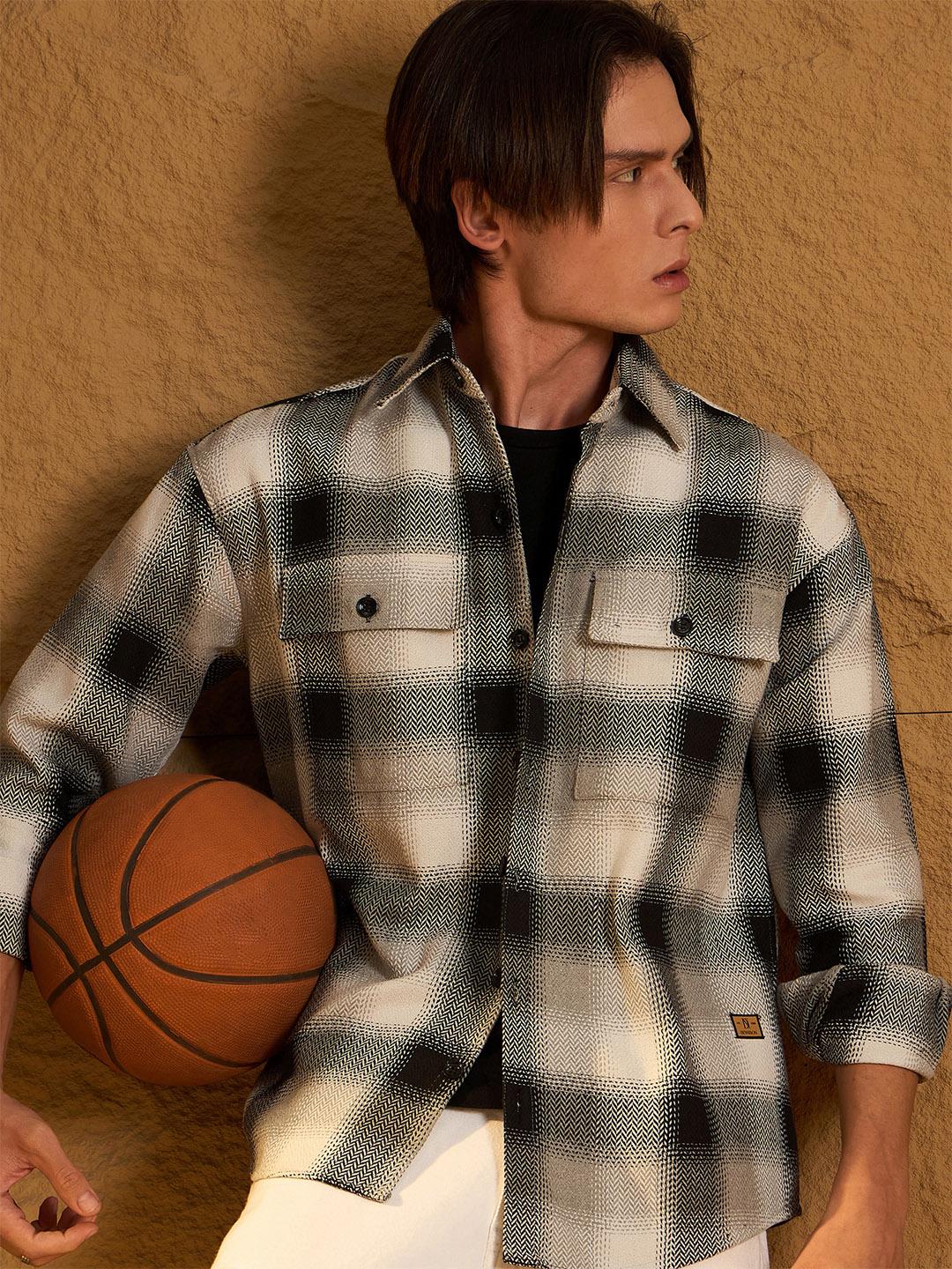 Buy DENNISON Men Double Pocket Drop Shoulder Oversized Cotton Checked ...