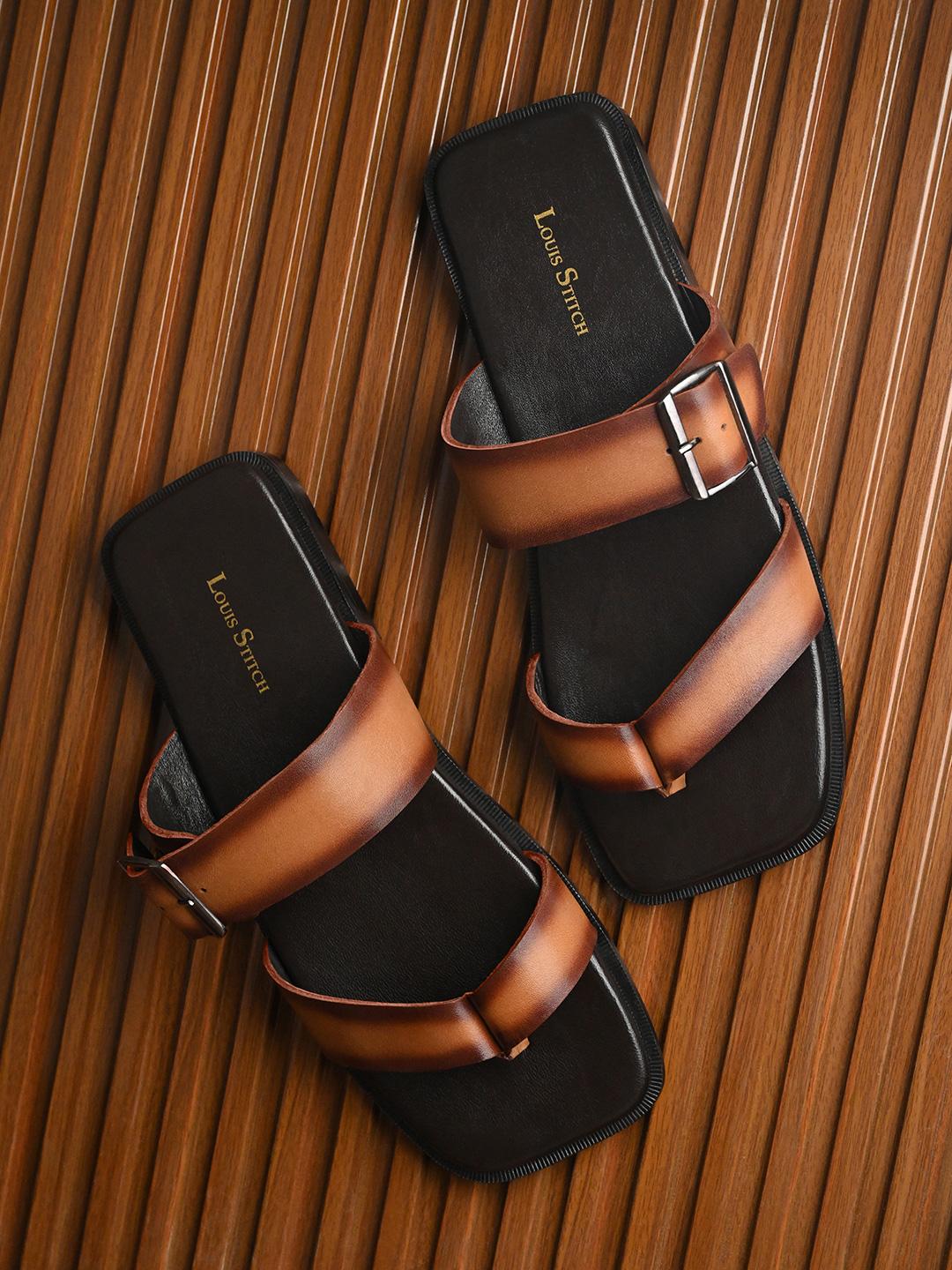 Buy LOUIS STITCH Tan Open Toe Lightweight T Strap Leather Sandal With ...