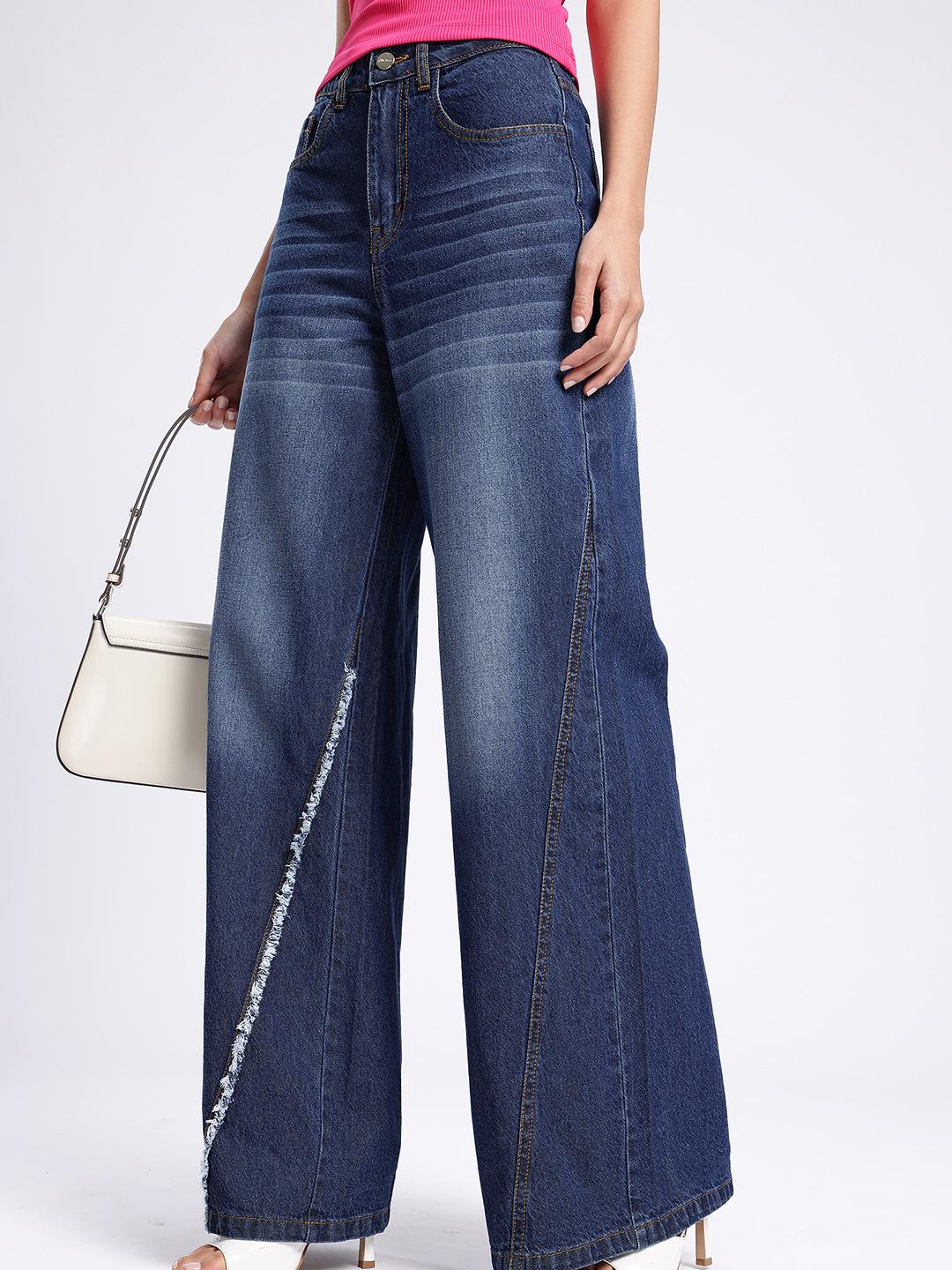 Buy Glitchez Women Pure Cotton Baggy Wide Leg High Rise Faded Panelling ...