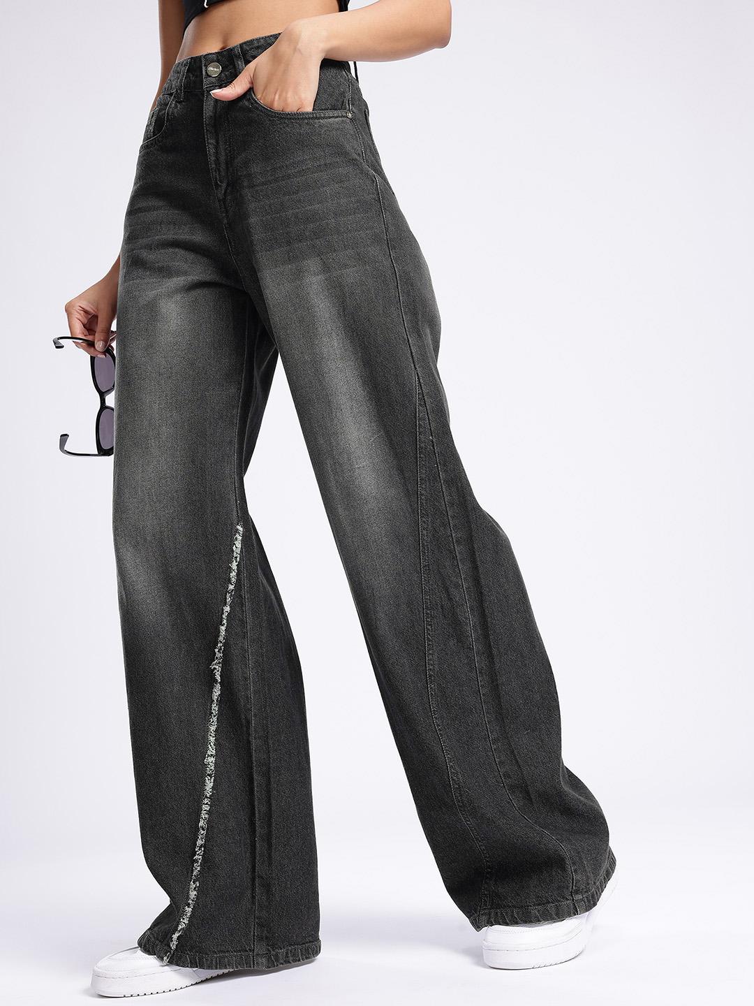 Buy Glitchez Women Pure Cotton Baggy Wide Leg High Rise Faded Panelling ...