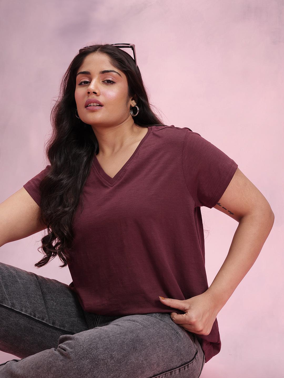 Buy DressBerry Curve Plus Size V Neck Pure Cotton T Shirt - Tshirts for ...