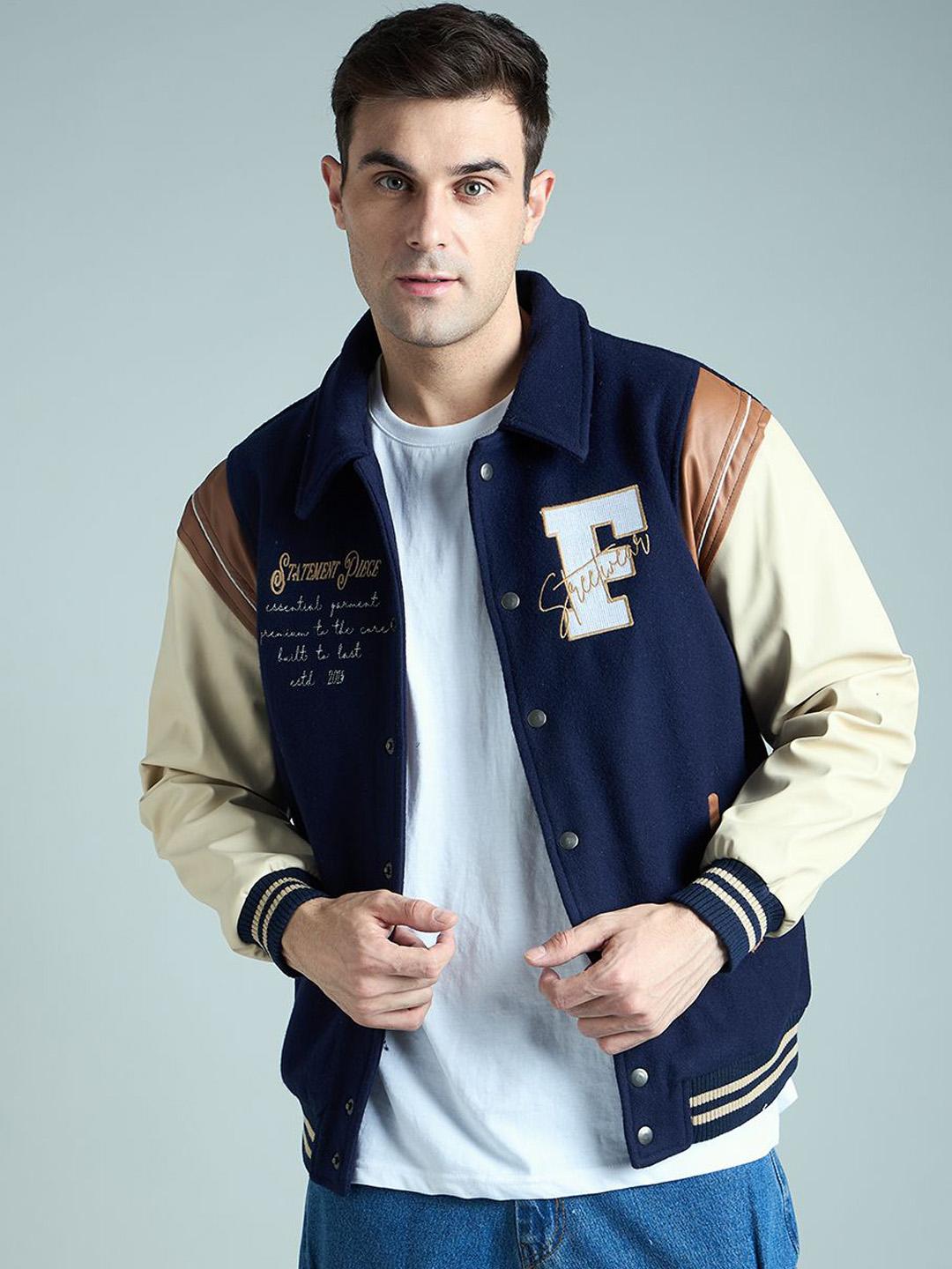 Buy FUGAZEE Men Brand Logo Woollen Varsity Jacket With Patchwork ...