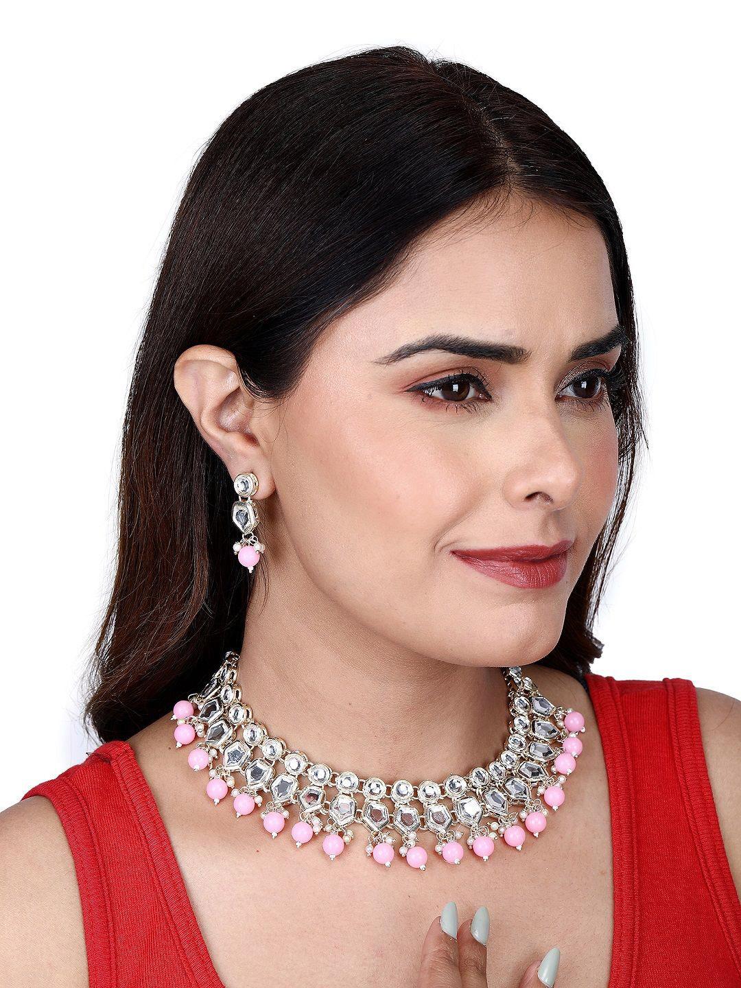 Buy Divisha 18KT Gold Plated CZ Stone Studded & Beaded Jewellery Set ...