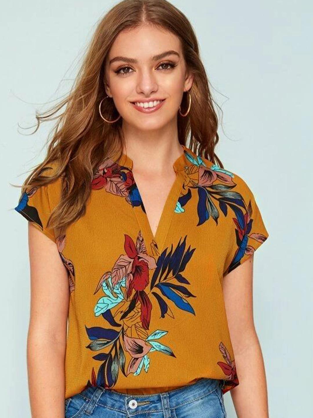 Buy Mustard Floral V Neck High Low Top - Tops for Women 31850541 | Myntra