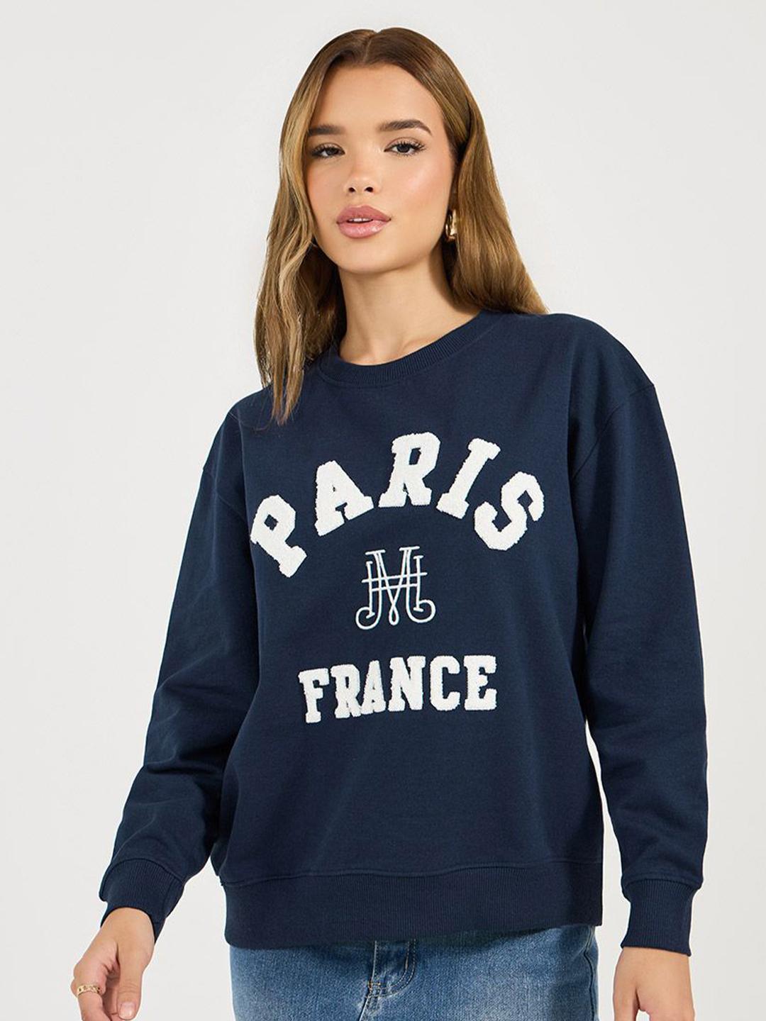 Buy Styli Women Regular Fit Regular Length Paris Embroidered Sweatshirt ...