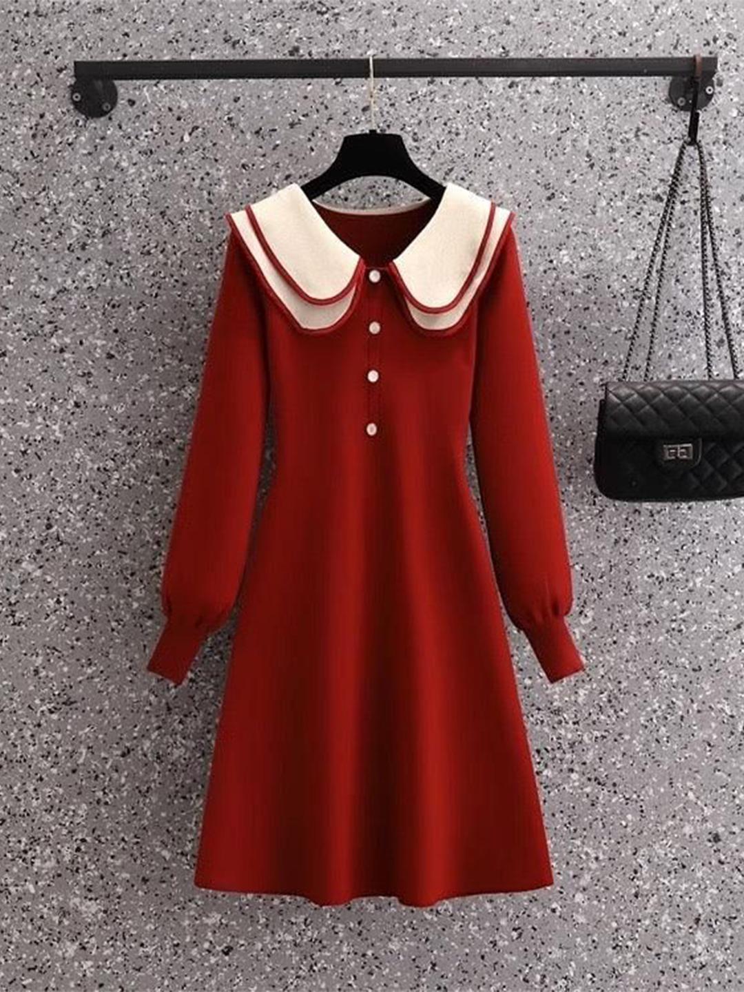 Buy Alamode By Akanksha Women Red Jasper Doll Collar Knitted Dress ...