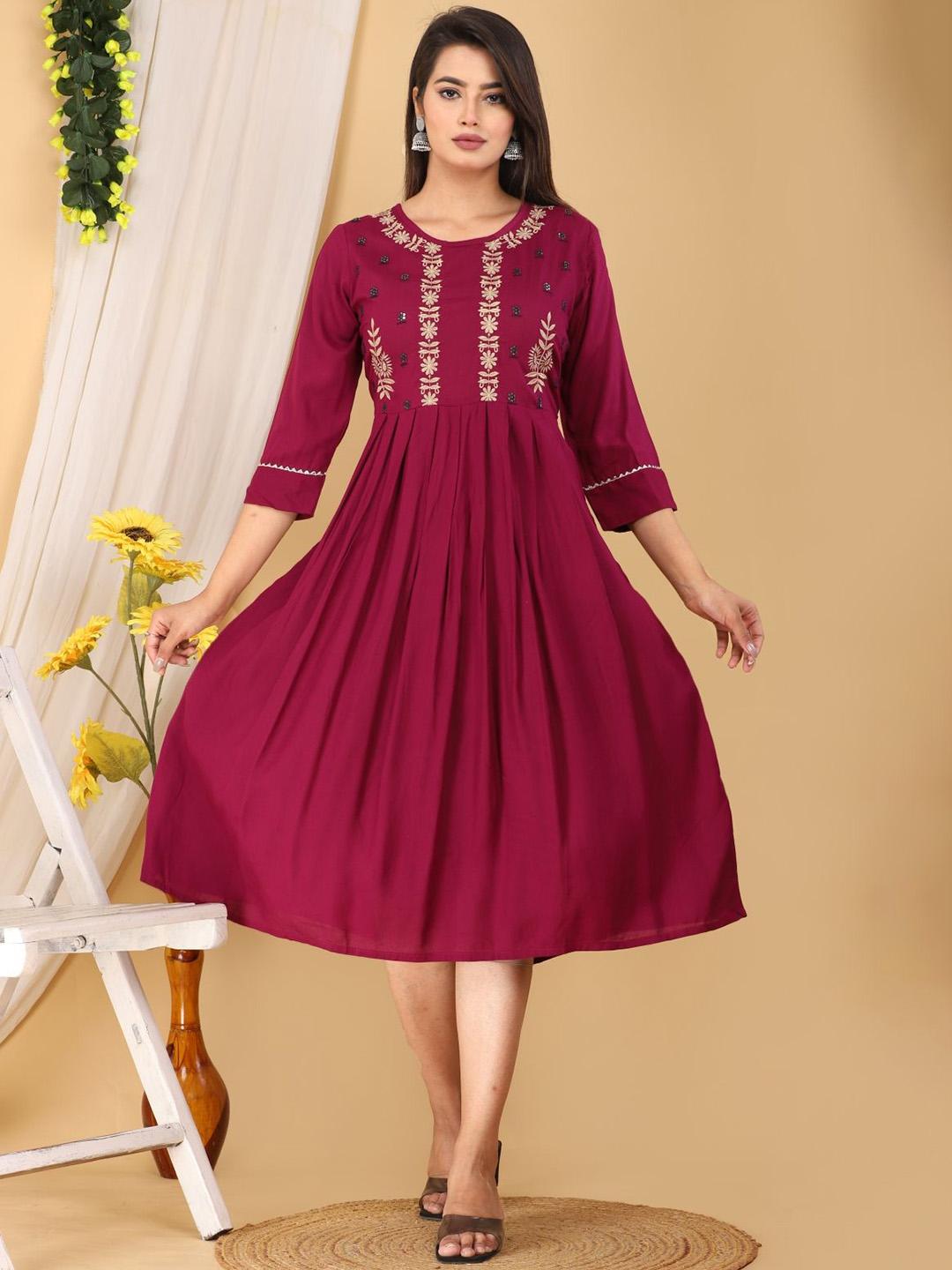 Buy Mehsoos Round Neck Floral Embroidered Fit And Flare Ethnic Dress ...