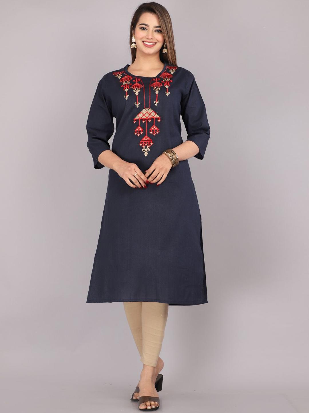 Buy Mehsoos Round Neck Ethnic Motifs Embroidered Thread Work Cotton ...