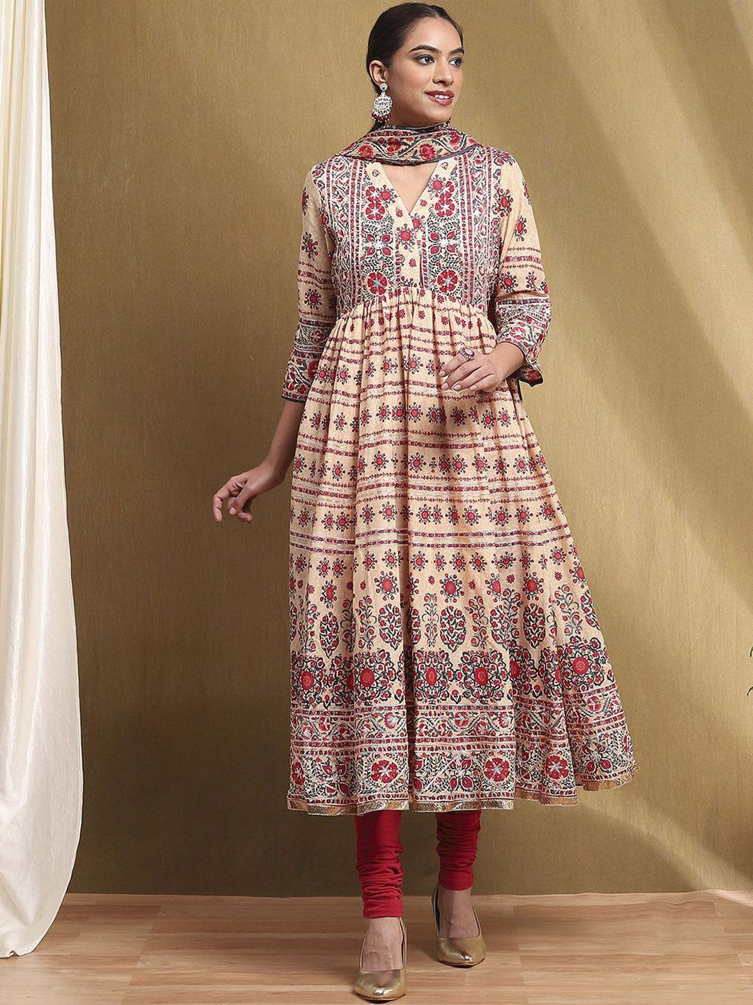 Buy Biba Floral Printed Angrakha Pure Cotton Anarkali Kurta With ...