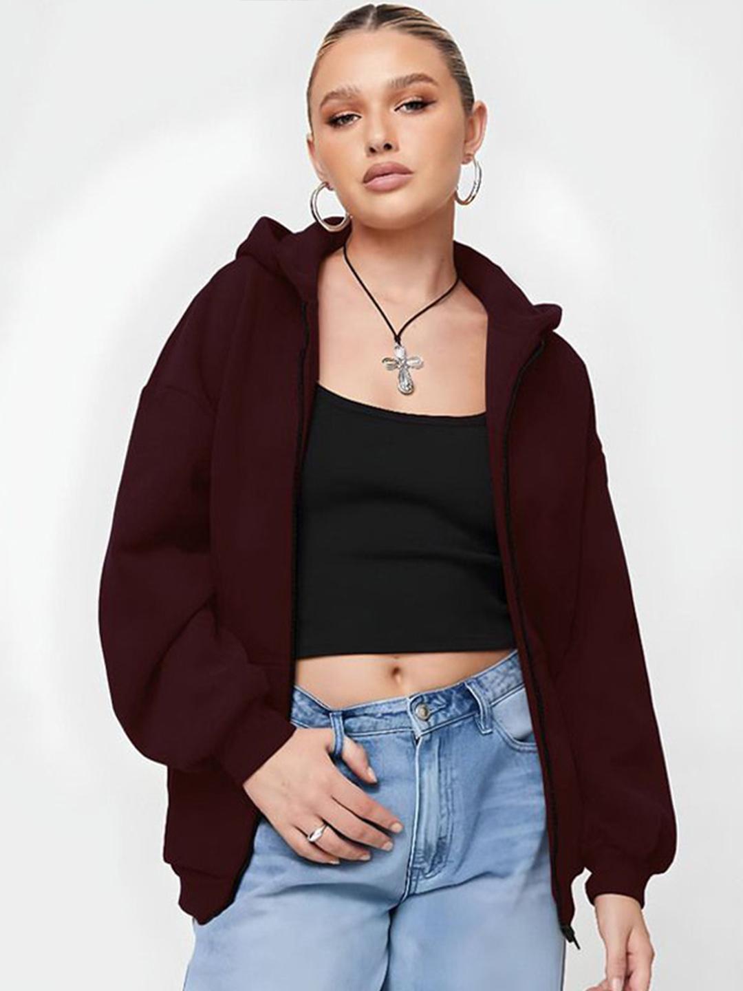 Buy Kintu Parantu Women Hooded Solid Fleece Casual Bomber Jacket ...