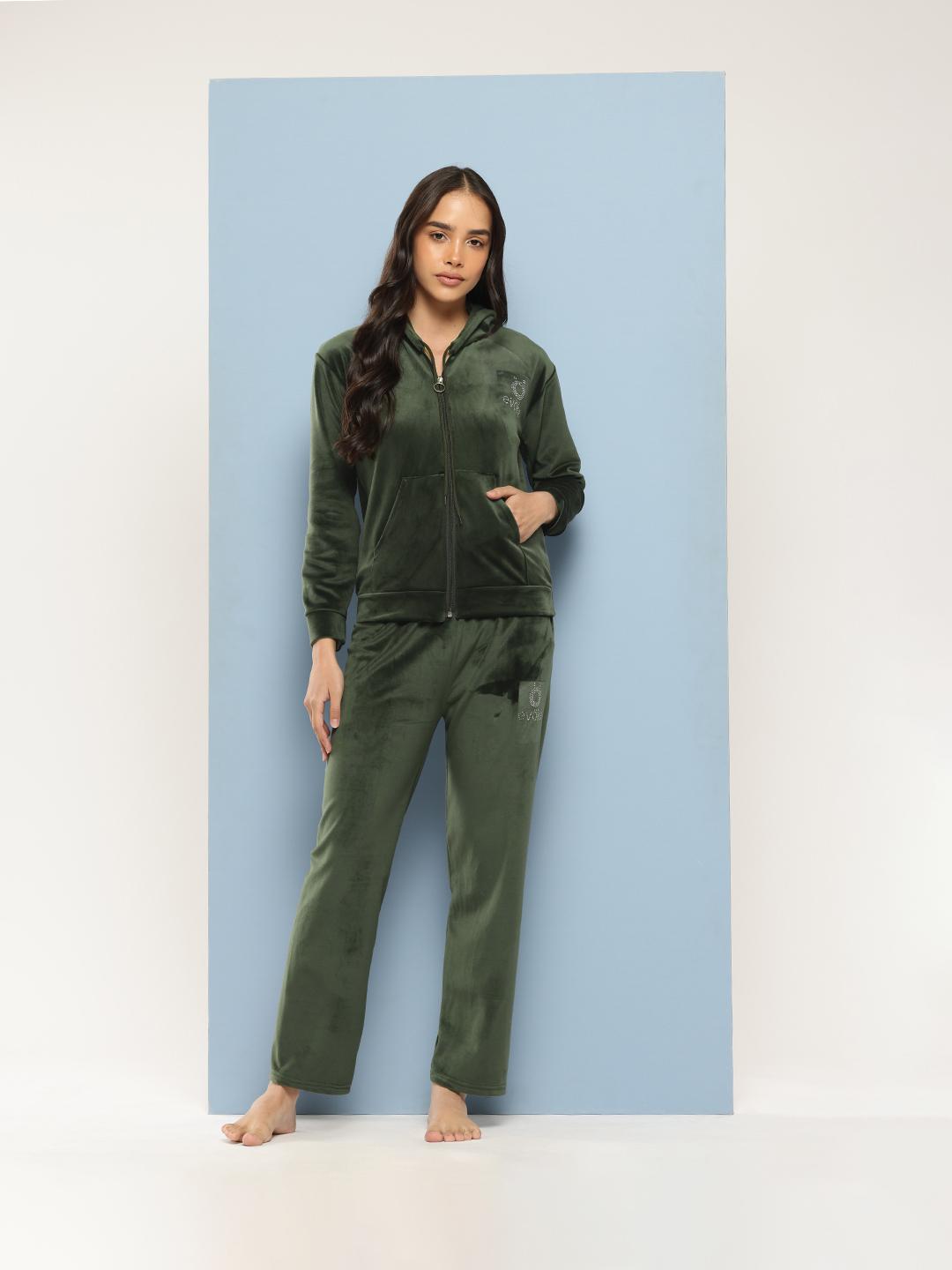 Buy Aarika Hooded Velvet Night Suit With Embellished Detail - Night ...