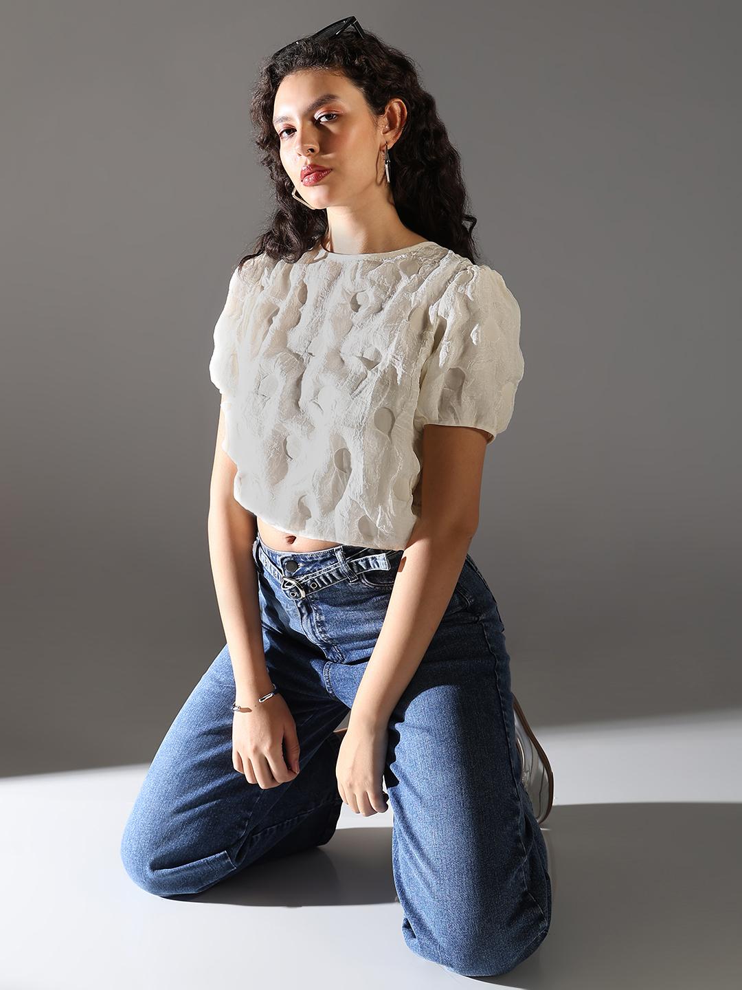 Buy SHOWOFF Women Self Design Puff Sleeve A Line Crop Top - Tops for ...