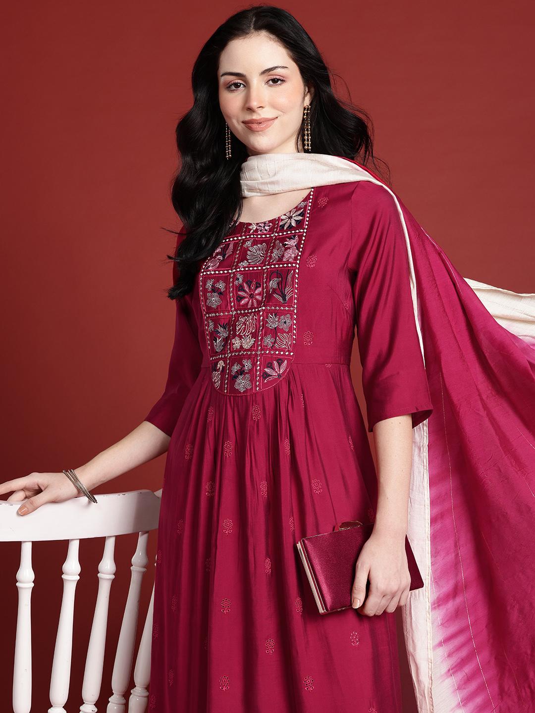 Buy Anouk Floral Yoke Design Empire Style A Line Kurta With Trousers ...