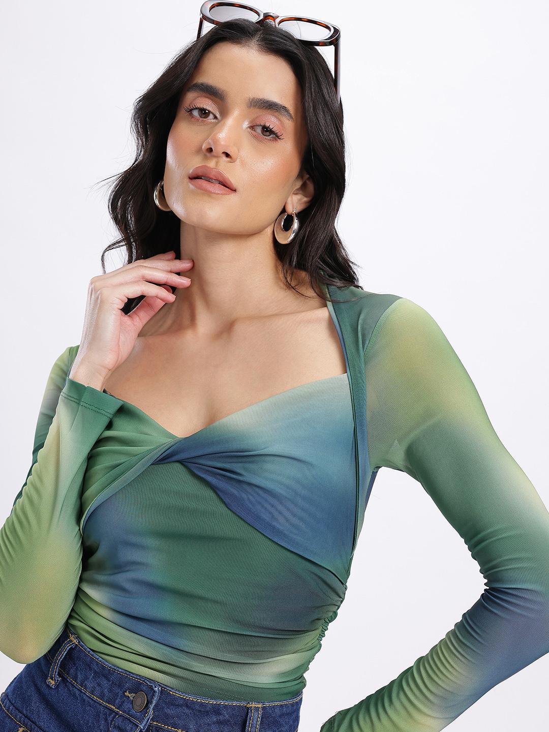 Buy Glitchez Tie & Dye Sweetheart Neck Ruched Effect Twisted Detail ...