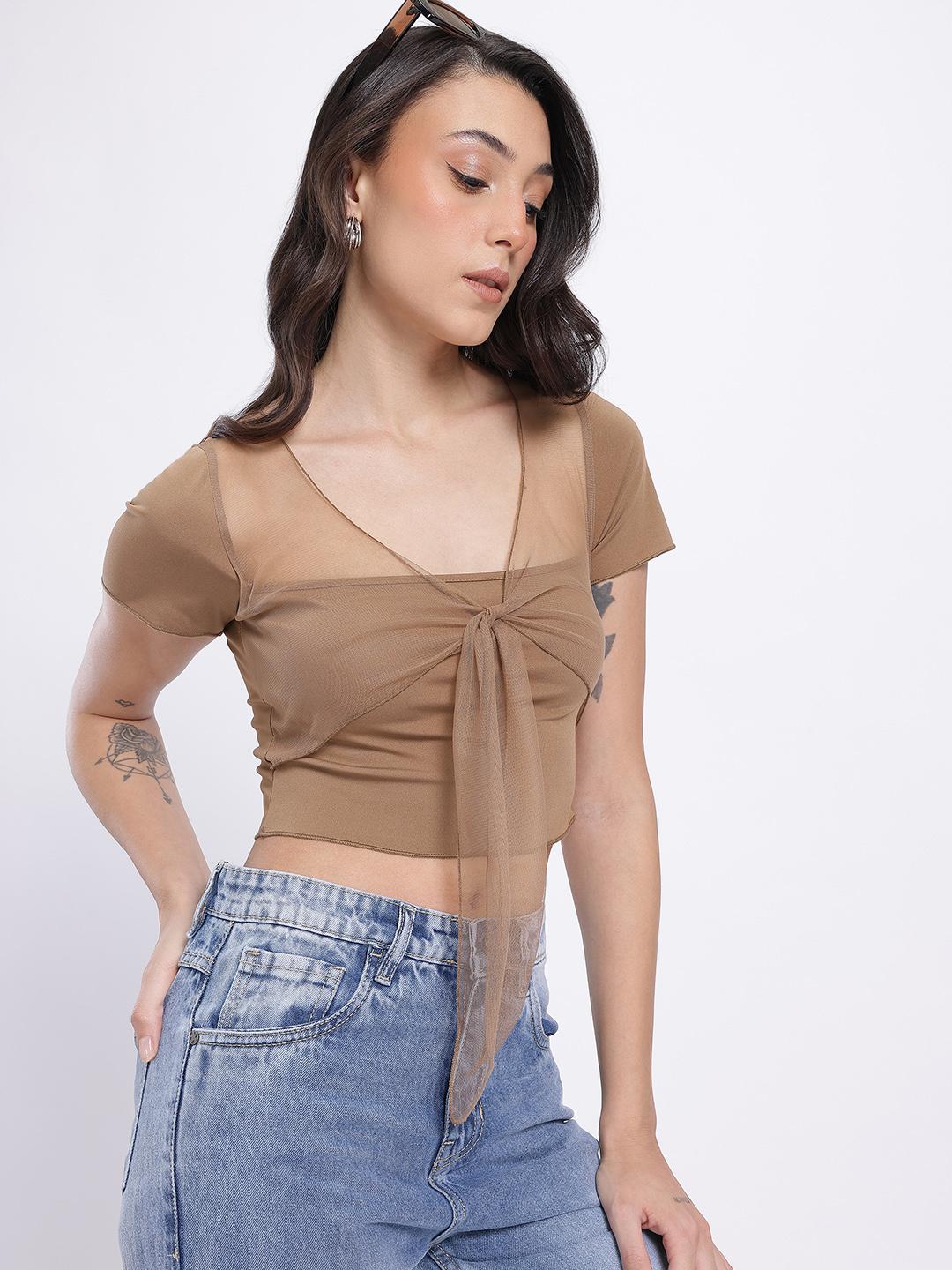 Buy Glitchez Tie Up Detail Square Neck Crop Fitted Top With Net Trim ...