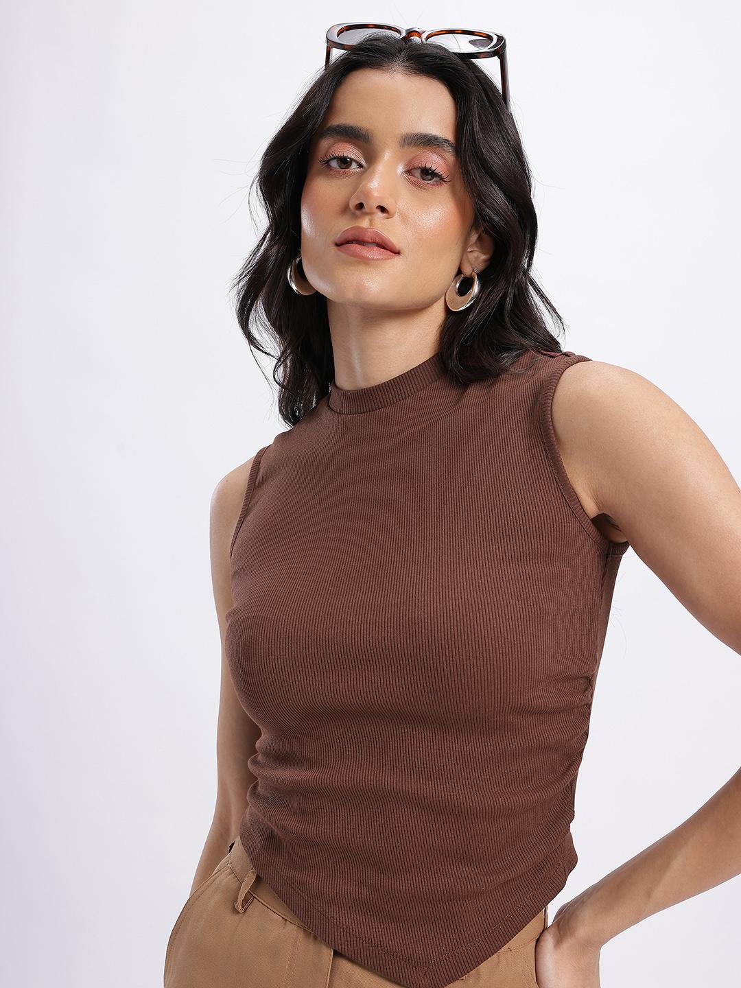 Buy Glitchez Ribbed High Neck Ruched Fitted Style Crop Asymmetric Hem ...