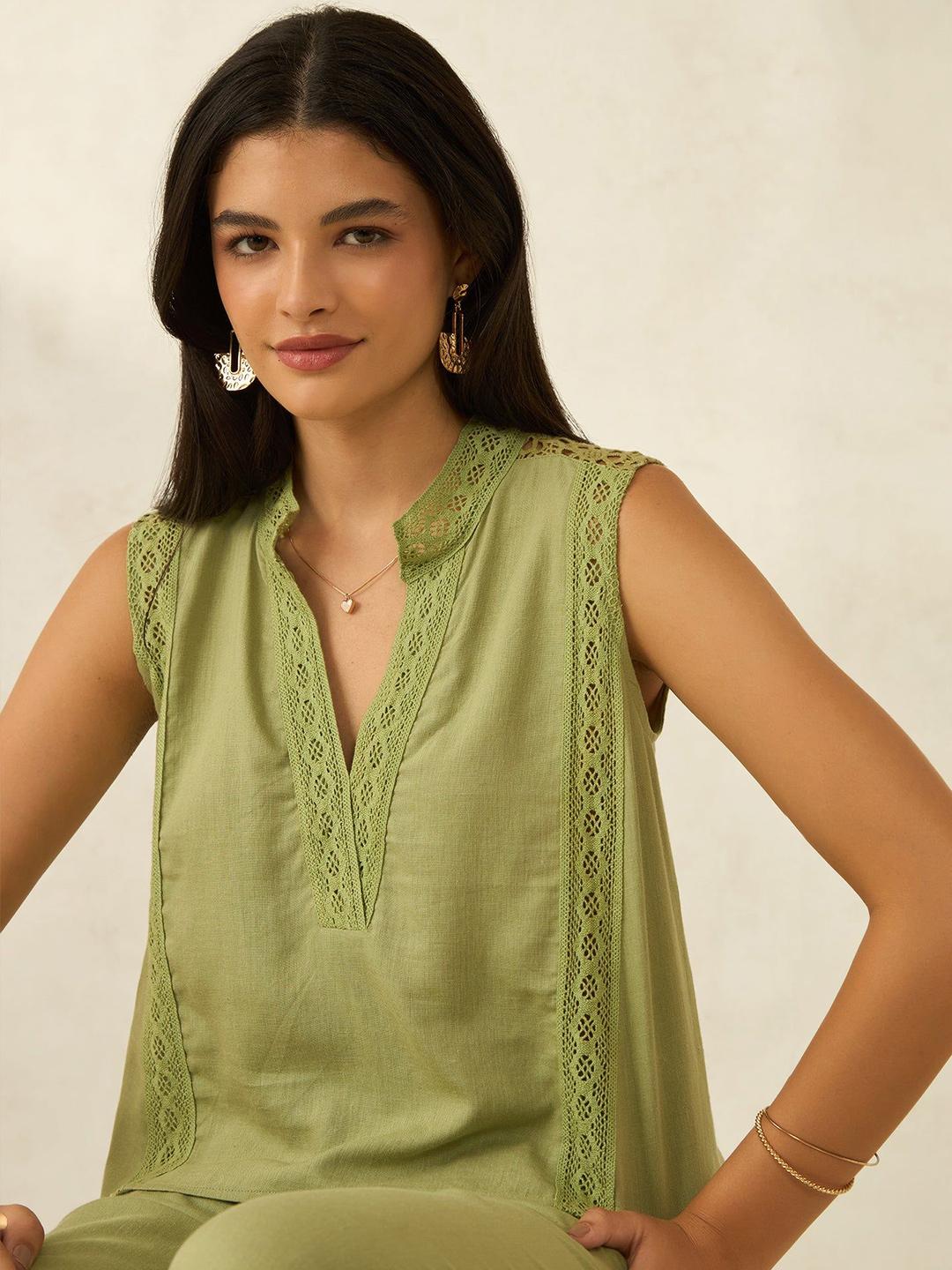 Buy Virgio Linen High Low Hem Sleeveless Lace Top - Tops for Women ...