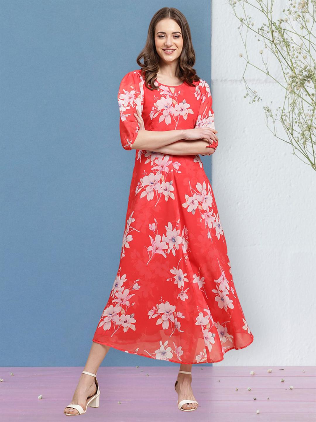 Buy Fabflee Women Floral Printed Fit & Flare Midi Dress - Dresses for ...