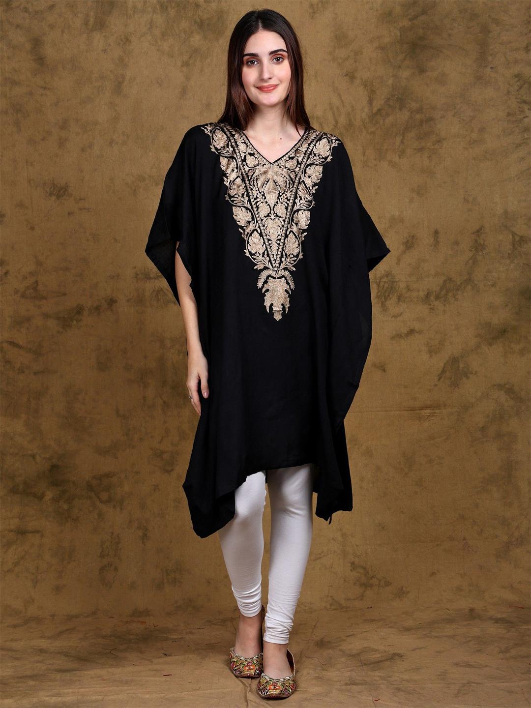 Buy Exotic India Black Beauty Pure Wool Kashmiri Short Kaftan With ...