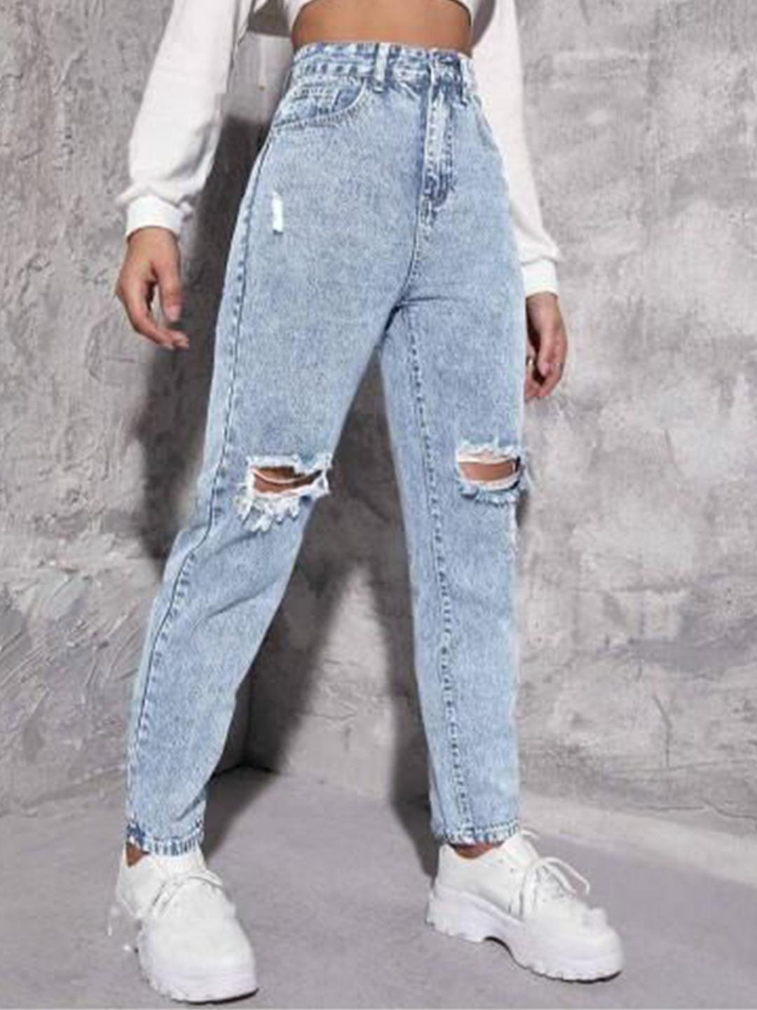 Buy KATECLO Women Comfort High Rise Slash Knee Heavy Fade Jeans - Jeans ...