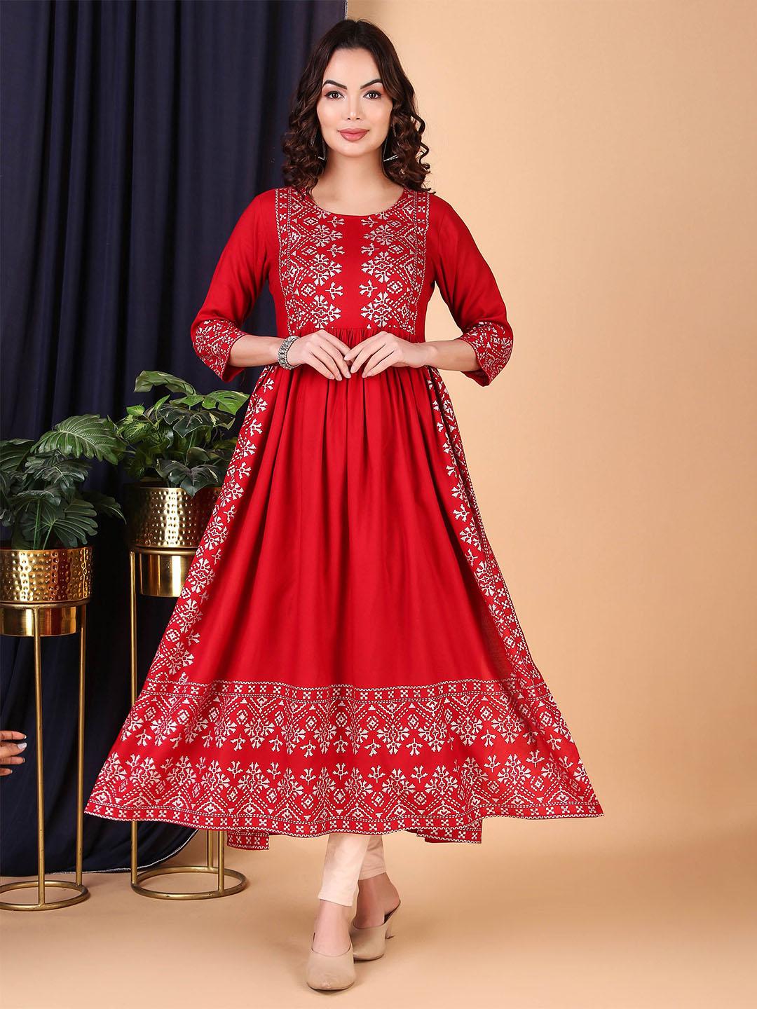 Buy TARANJAL Ethnic Motifs Printed Round Neck High Slit Anarkali Kurta ...