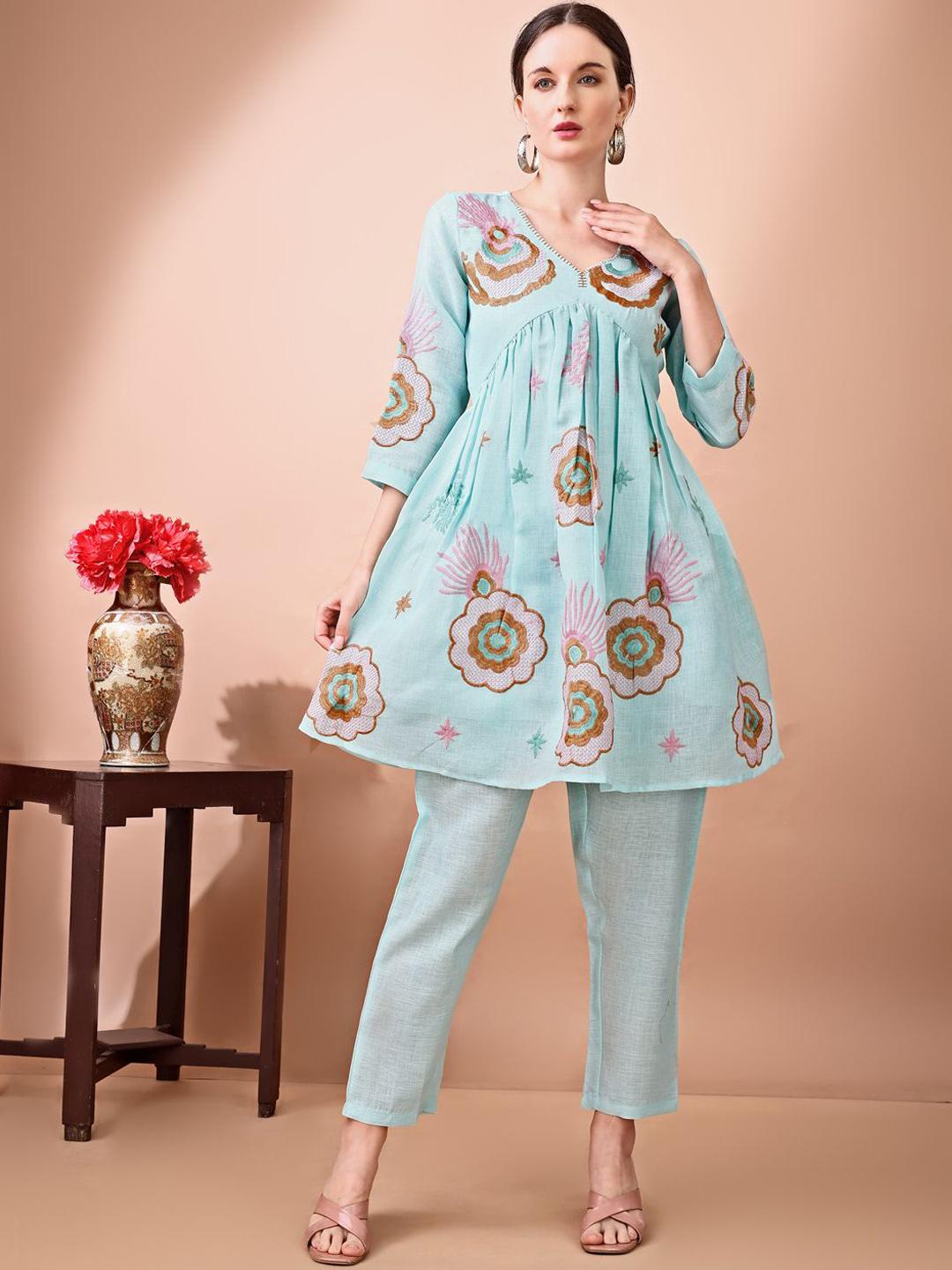 Buy Tikhi Imli Embroidered V Neck Three Quarter Sleeves Linen Tunic ...