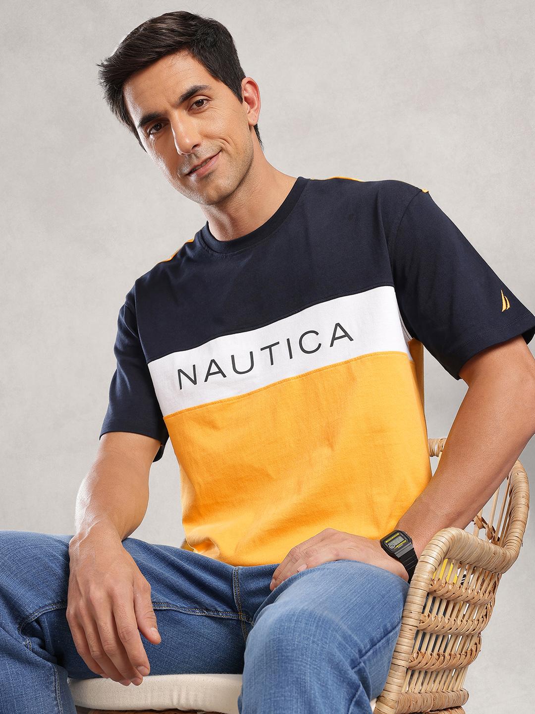 Buy Nautica Relaxed Fit Colourblocked Pure Cotton T Shirt - Tshirts for ...