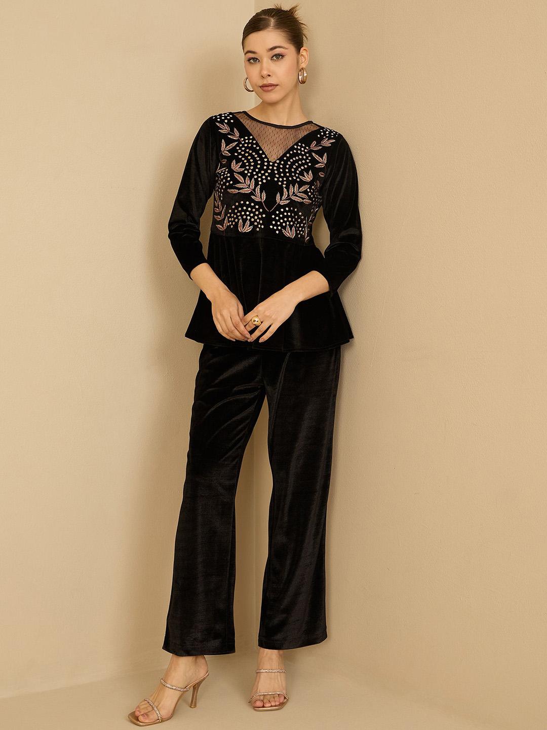 Buy Antheaa Black Embroidered Velvet Top With Trouser - Co Ords for ...
