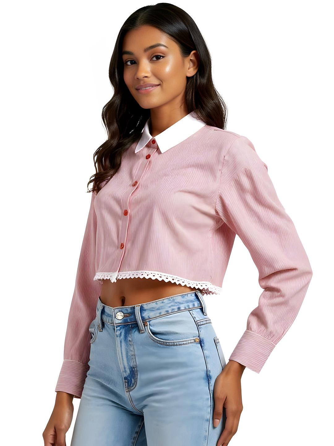 Buy Glitchez Striped Lace Inserts Spread Collar Poplin Crop Relaxed Fit ...
