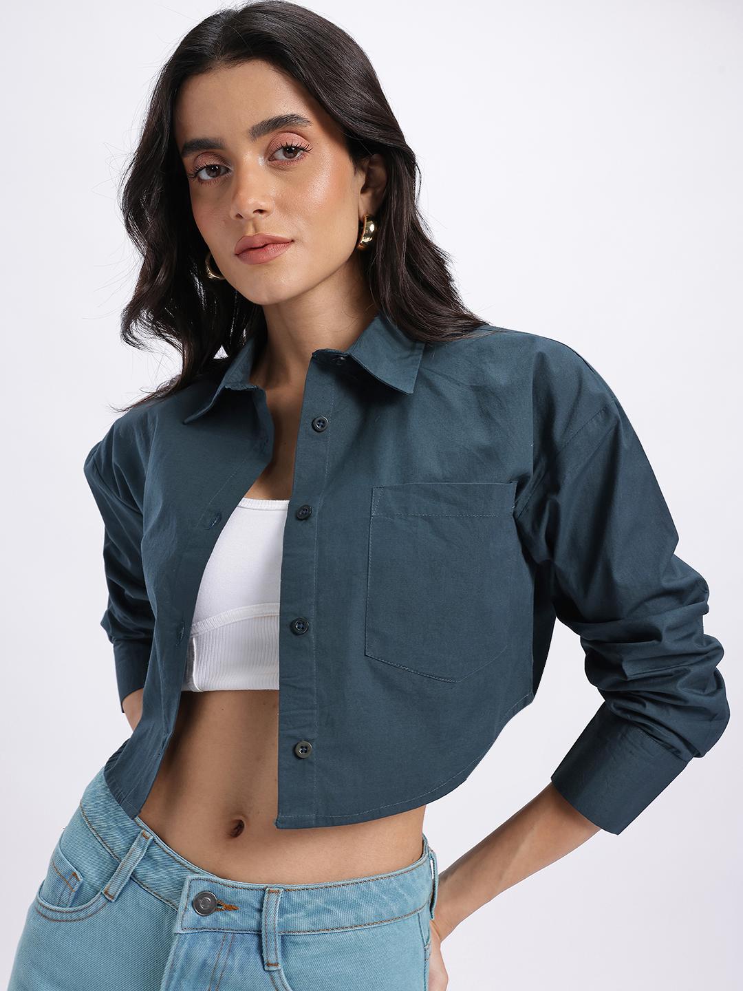 Buy Glitchez Spread Collar Drop Shoulder Sleeves Pure Cotton Boxy Crop ...