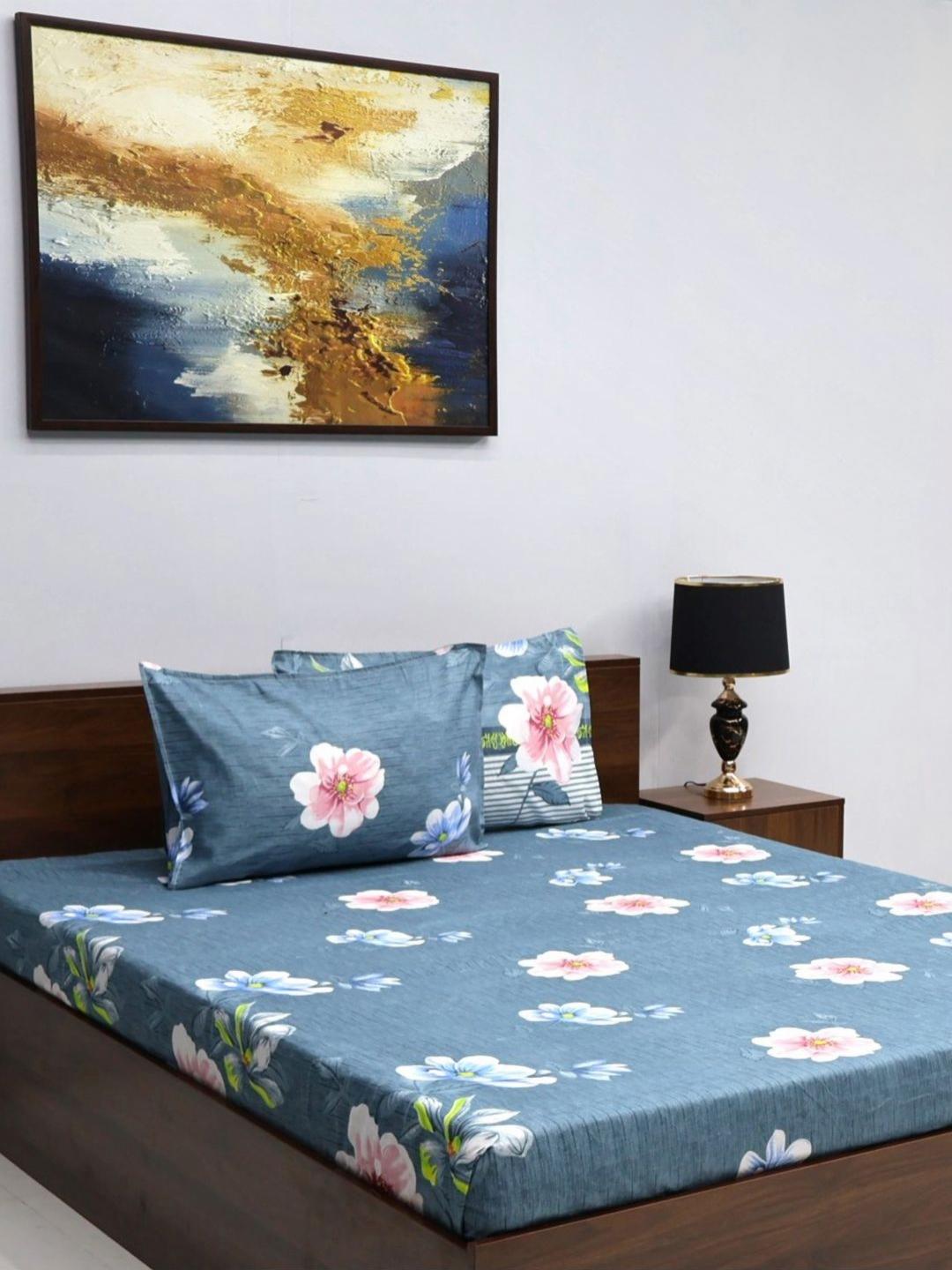 Buy Steve & Anderson Plush Grey Floral Microfiber 140 TC Queen Bedsheet ...