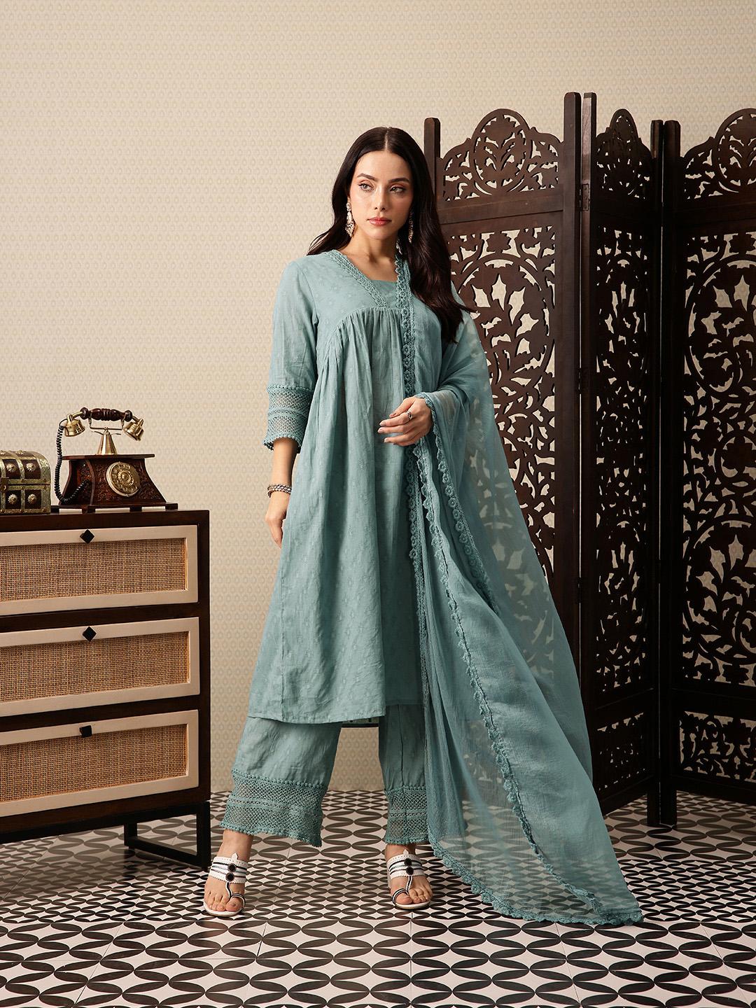 Buy House Of Pataudi Empire Pure Cotton Jashn Kurta With Palazzos & Dupatta - Kurta Sets for ...