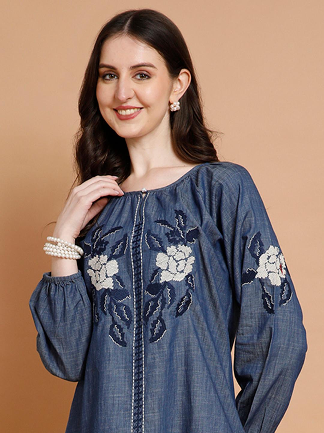 Buy Nayam By Lakshita Floral Embroidered Round Neck Straight Tunic ...