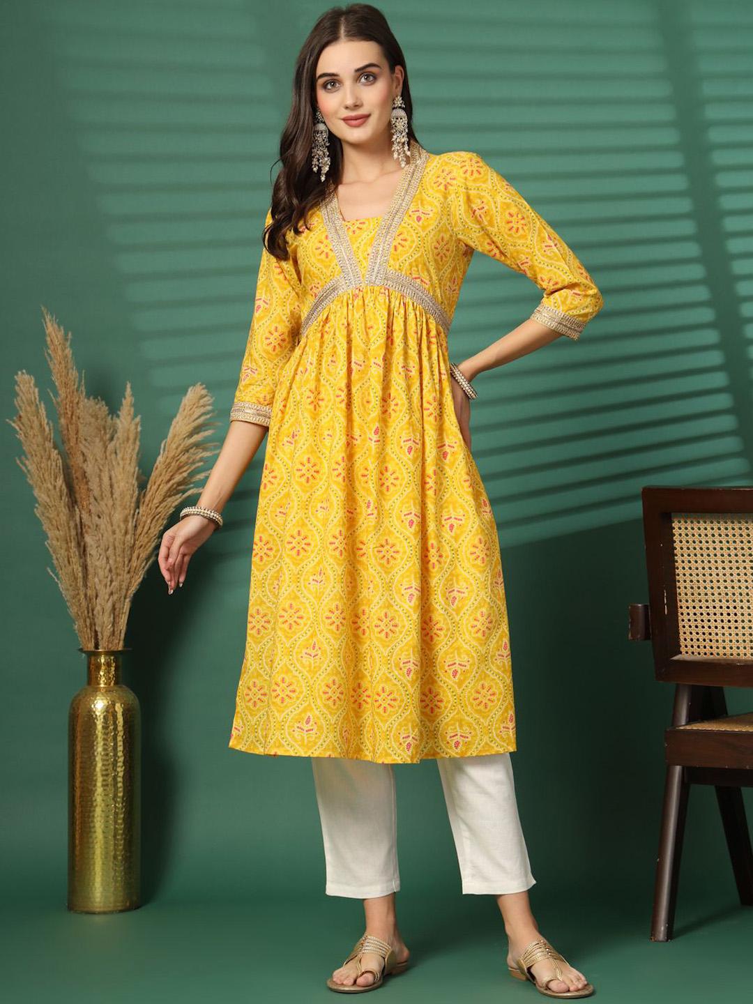 Buy LARGISH Bandhani Printed Square Neck Zari Empire Pure Cotton A Line ...
