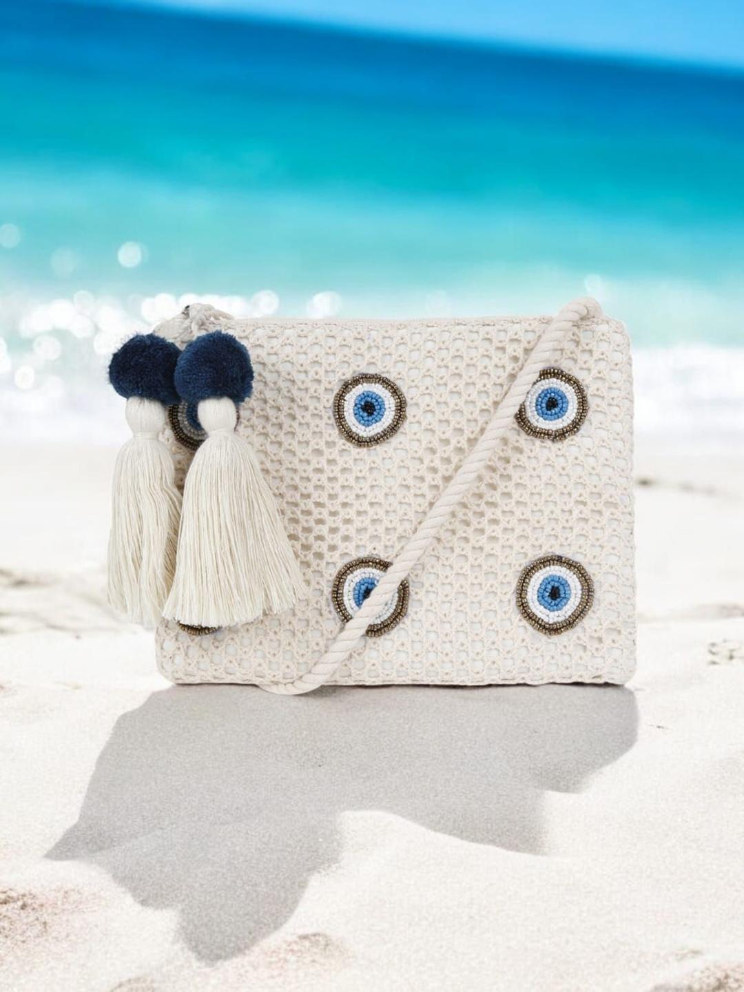 Buy ASTRID Evil Eye Handbeaded Embellished Structured Cotton Sling Bag ...