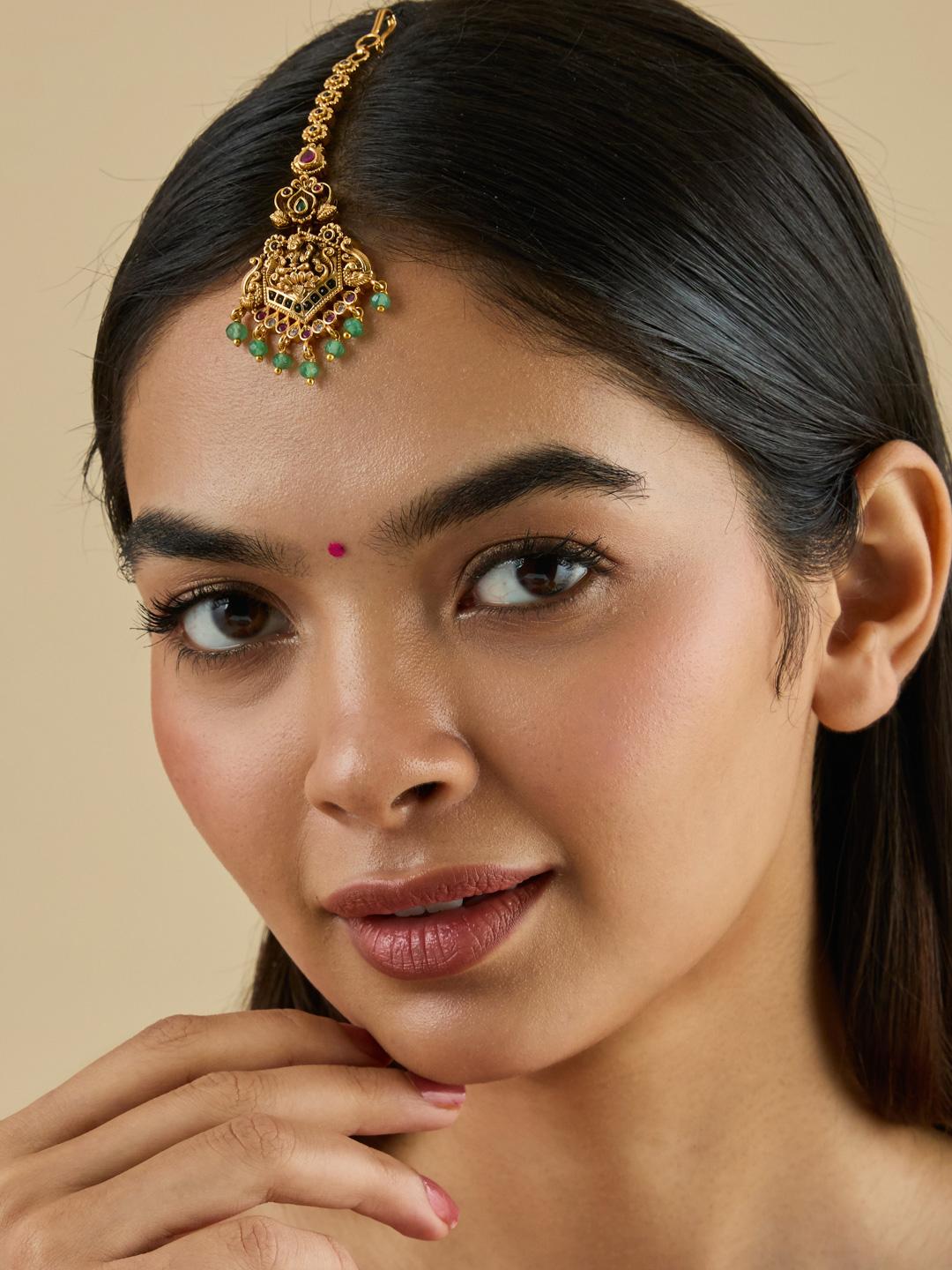Buy Kushal's Fashion Jewellery Gold Plated Stone Studded & Beaded Maang ...