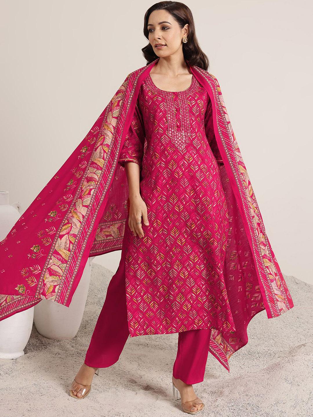 Buy Libas Pink Floral Printed Round Neck Mirror Work Straight Kurta ...