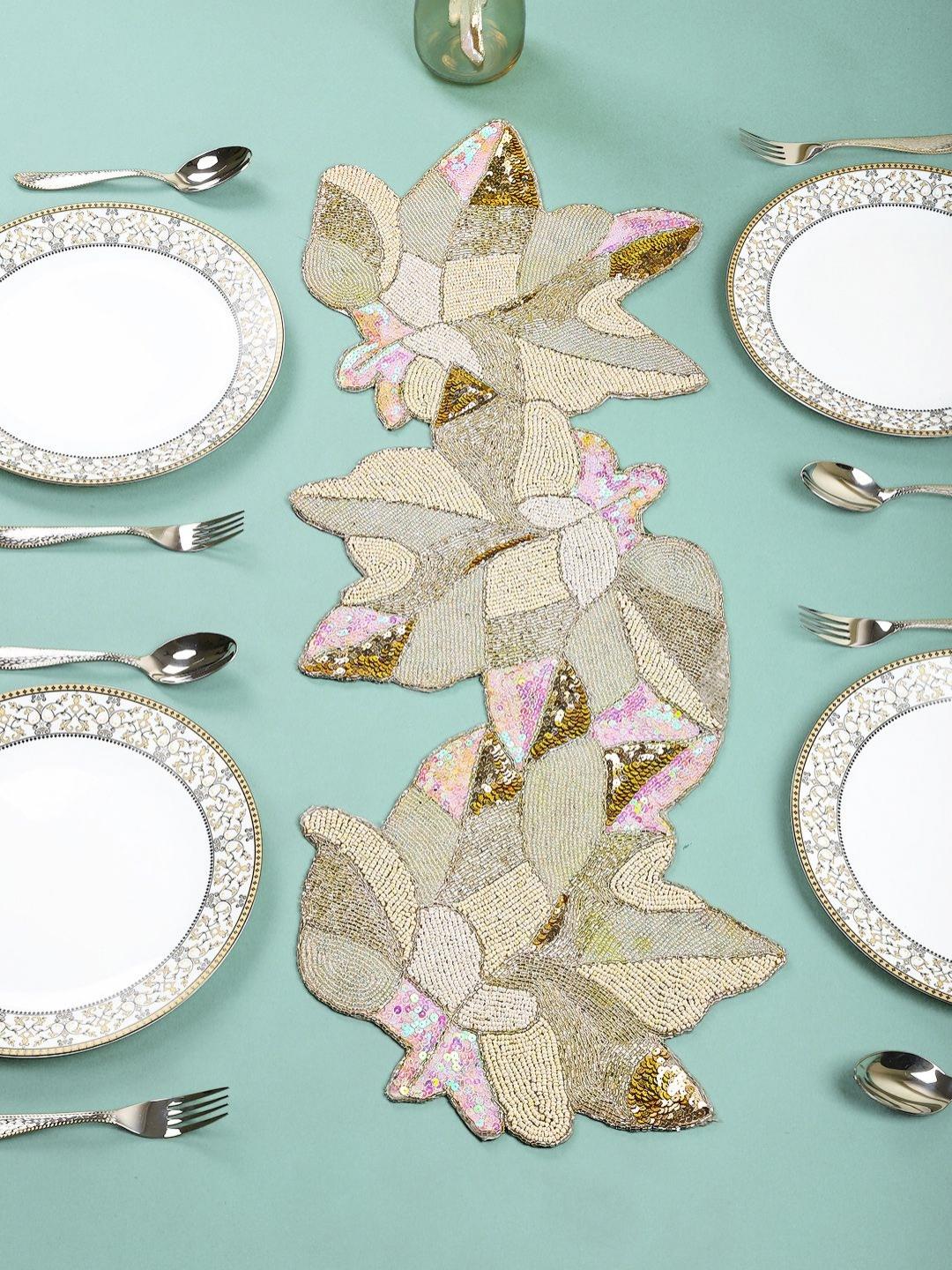 Buy PURINA'S Green & Pink Beaded Rectangular Dining Table Runner ...