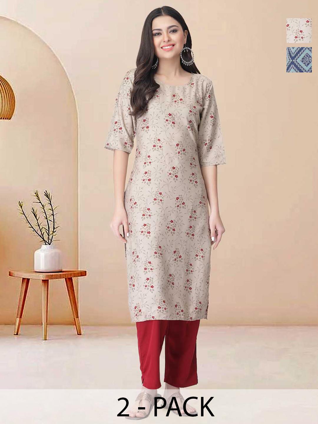 Buy Moda Rapido Pack Of 2 Printed Straight Kurta With Trousers - Kurta ...